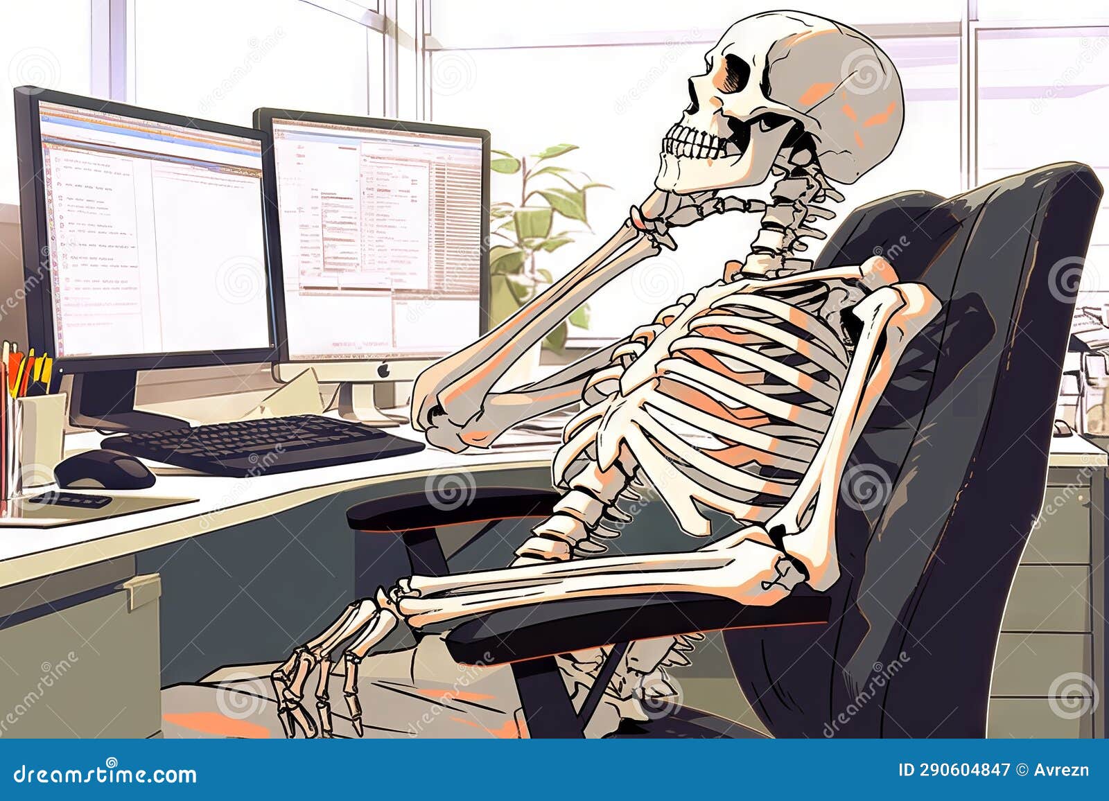 Skeleton Enjoys a Quiet Office Day, Generative AI Stock Image - Image ...