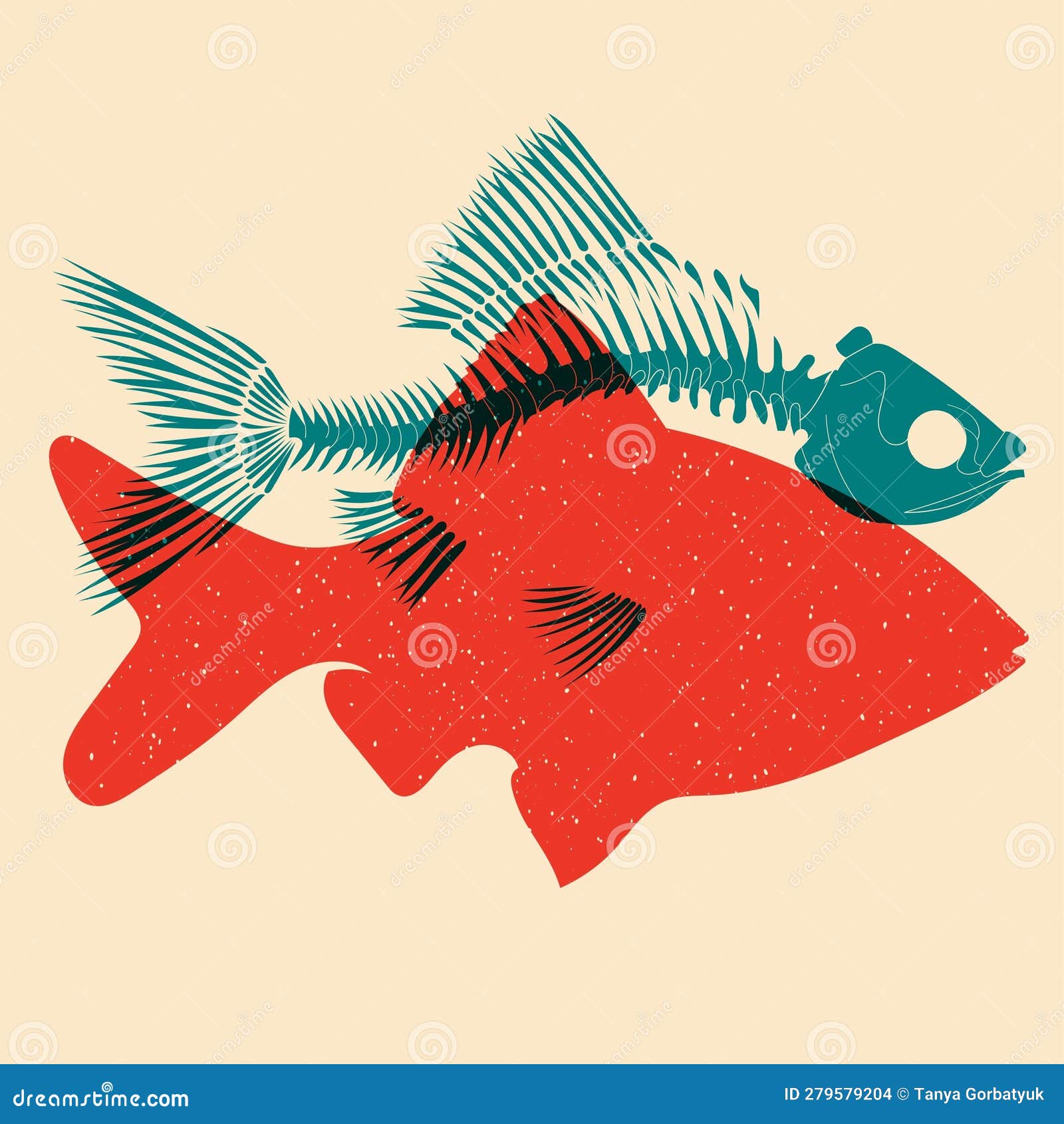 Skeleton of Fish. Colorful Cute Screen Printing Effect. Riso Print ...