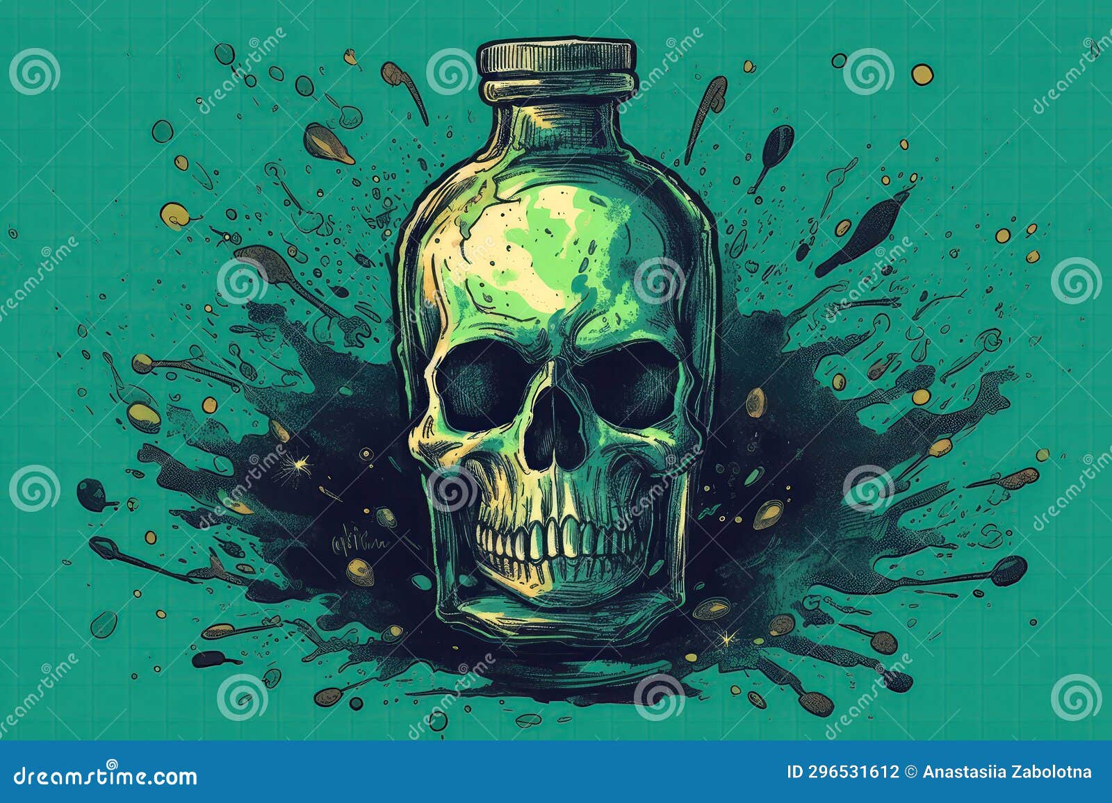Skeleton Floats in Green Bottle. Generative AI Stock Illustration ...