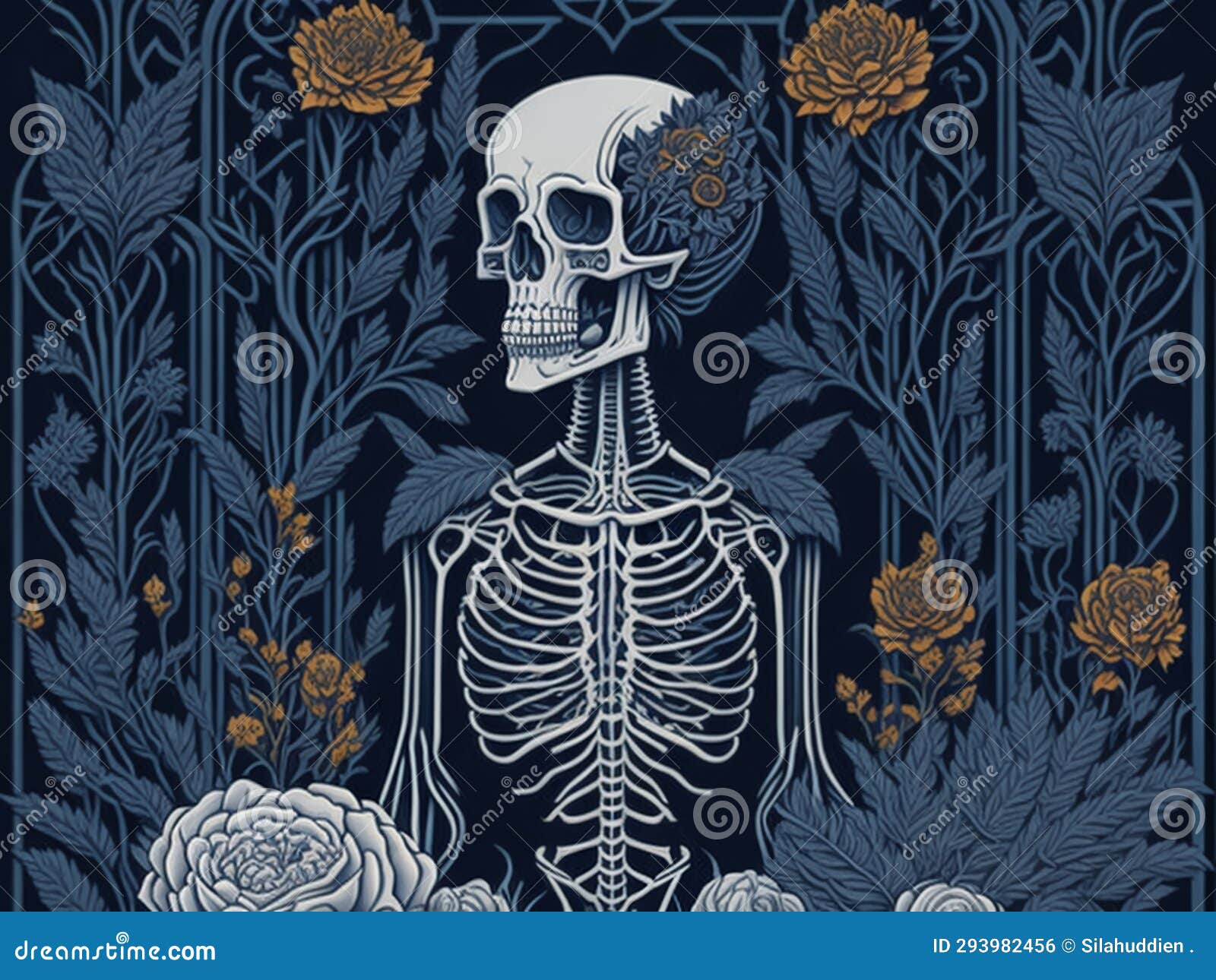 A Skeleton with Flowers in Front of a Frame Stock Illustration ...