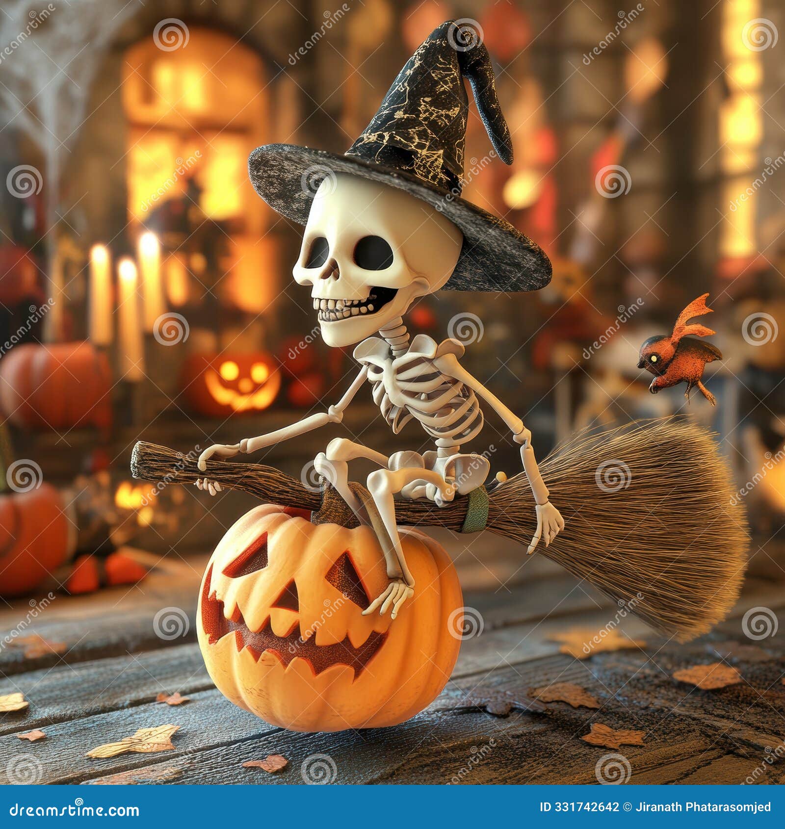 Skeleton Flying on a Broom with a Pumpkin on Halloween Stock ...