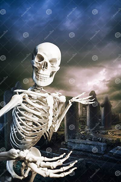 Skeleton in a Graveyard Welcoming You Stock Photo - Image of dramatic ...