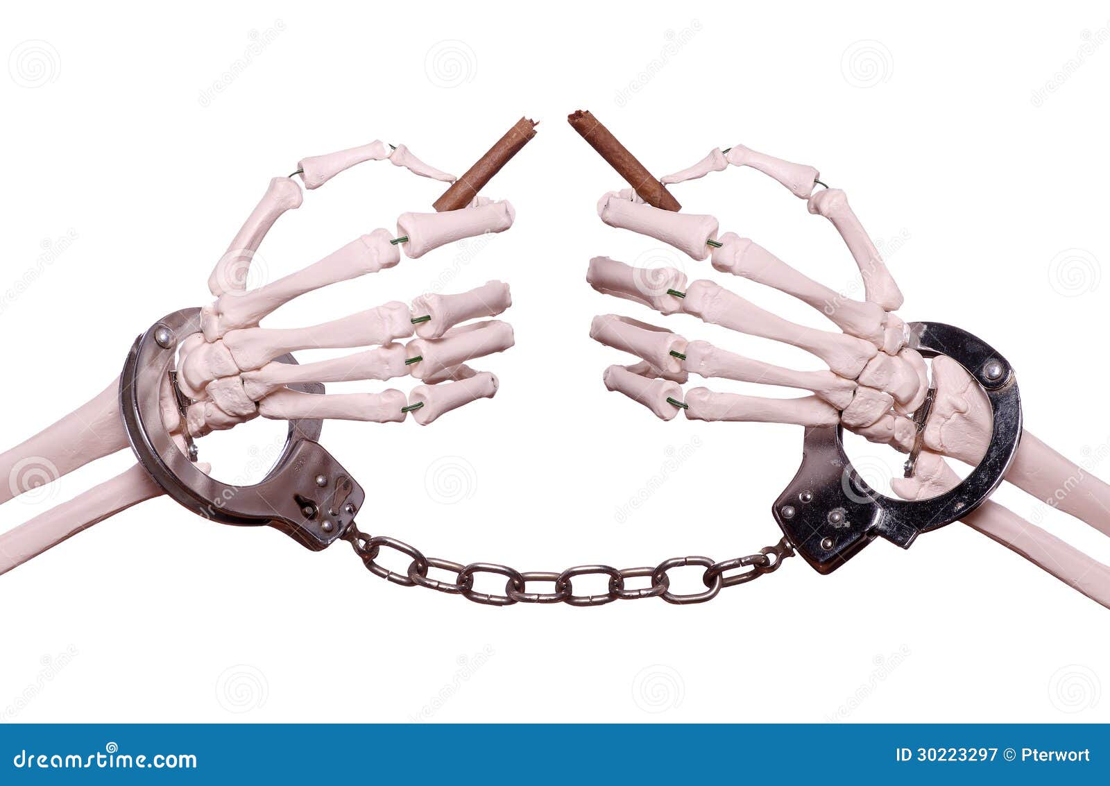 Skeleton Hands with Handcuff Holding Broken Cigar Stock Image - Image ...