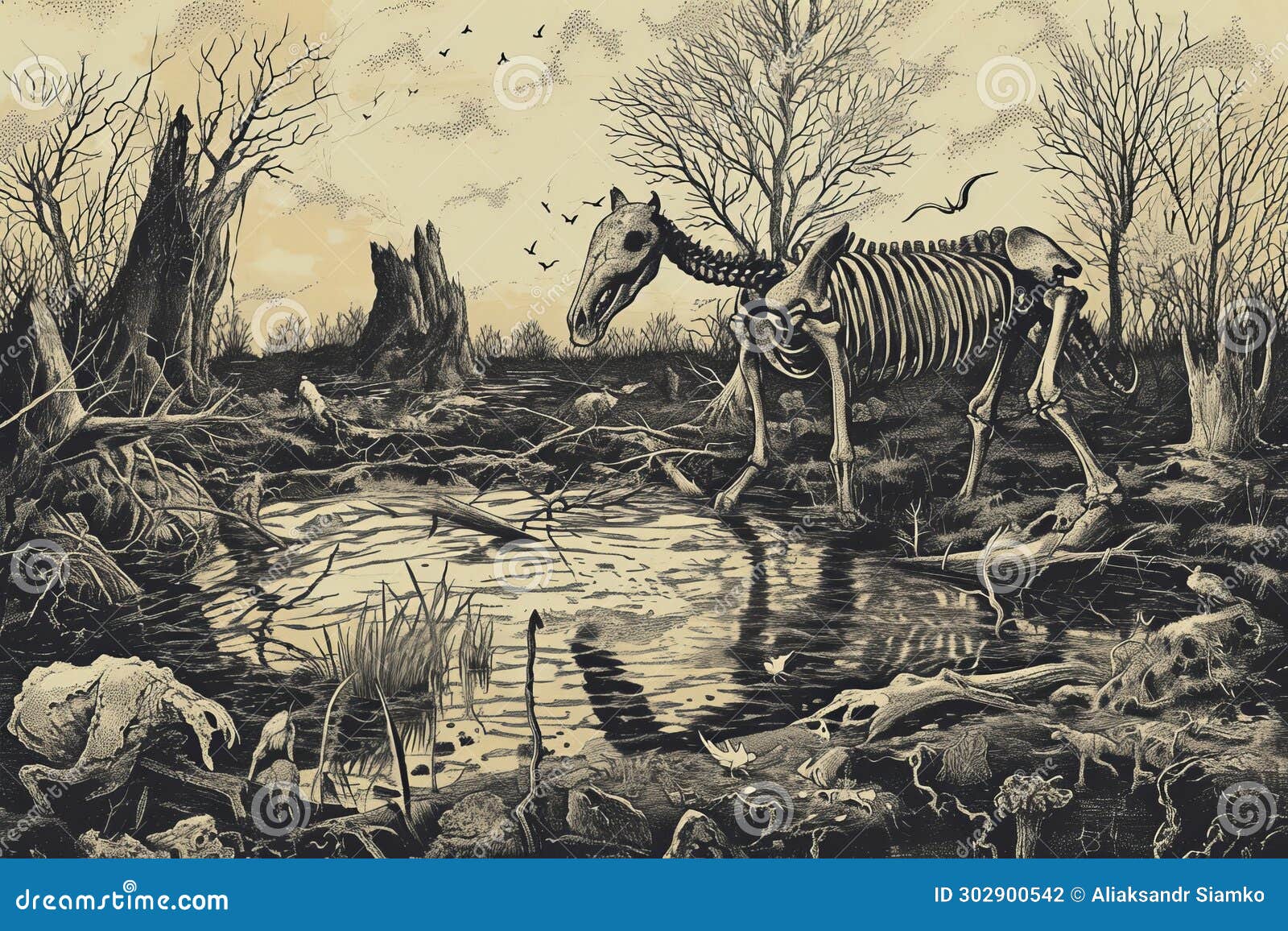 A Skeleton of a Horse in a Swamp Stock Illustration - Illustration of ...