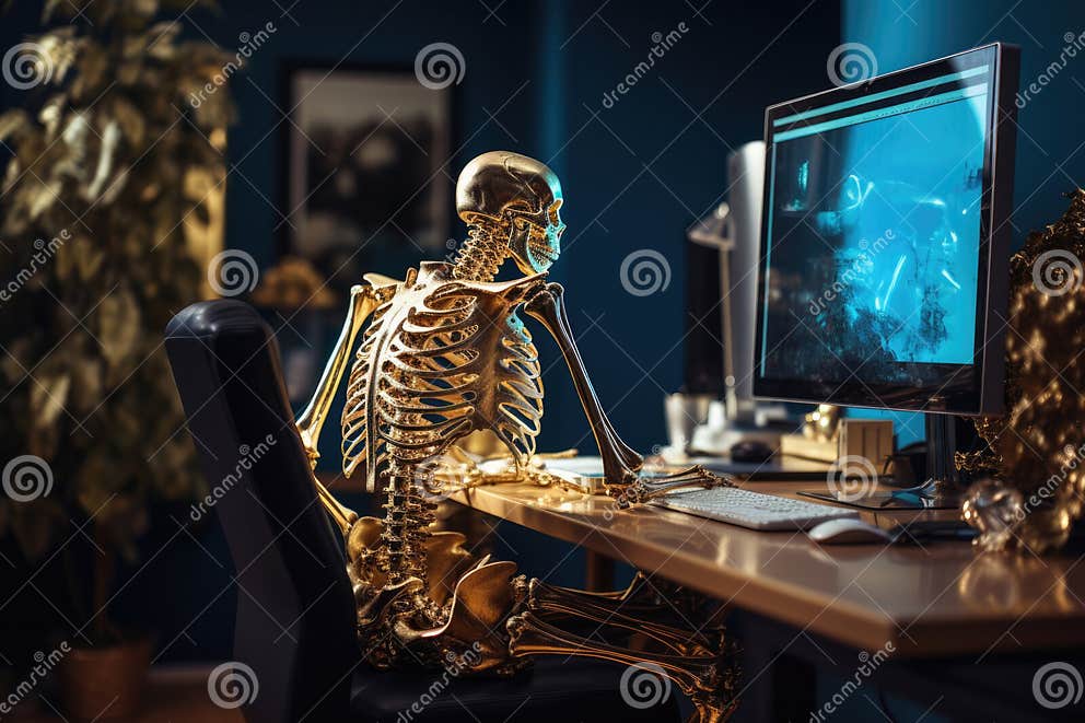 A Skeleton Made of Gold Sitting at a Desk Working on the Computer Stock ...