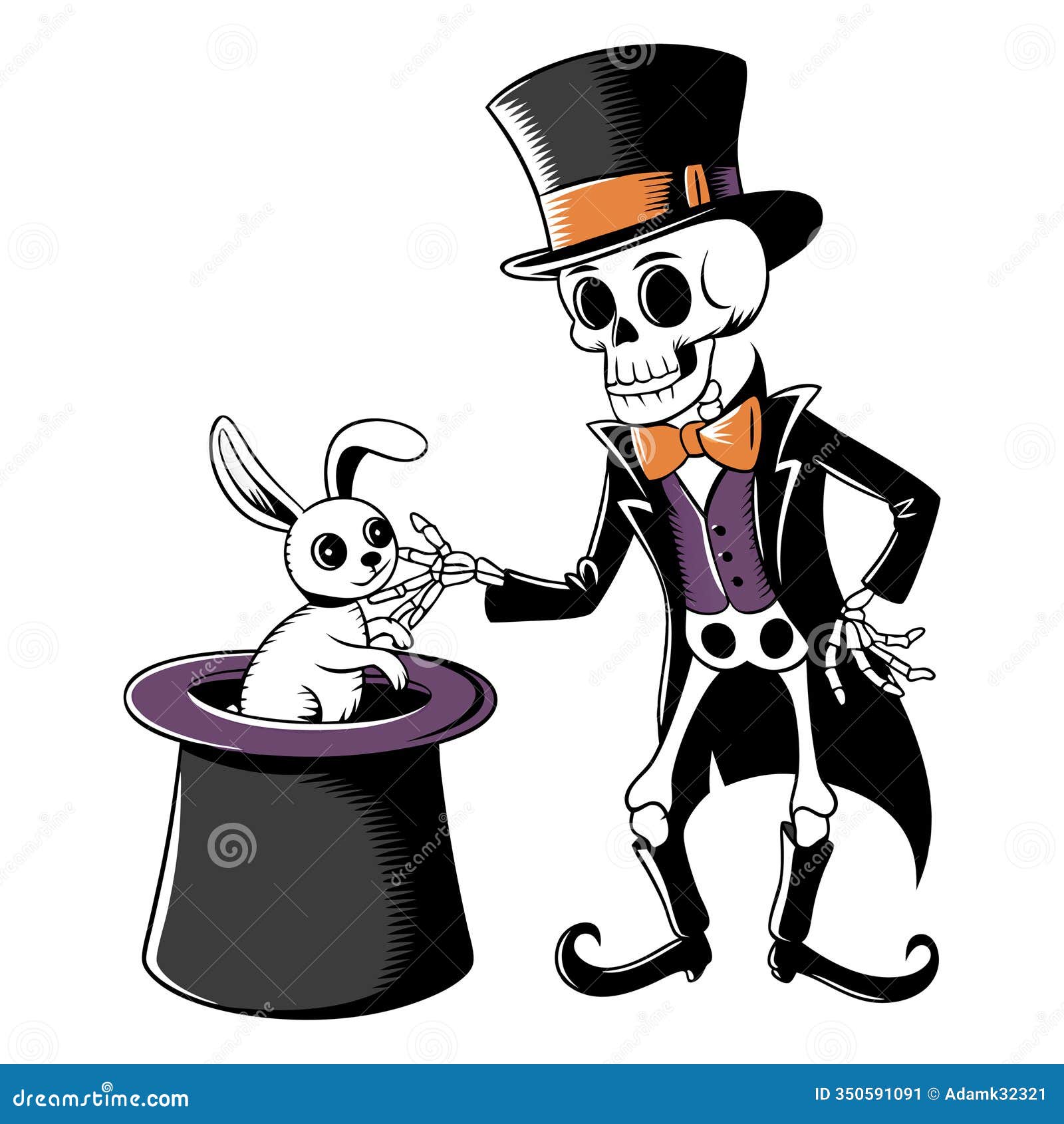 Skeleton Magician Performing Magic Trick with Rabbit in Top Hat Stock ...