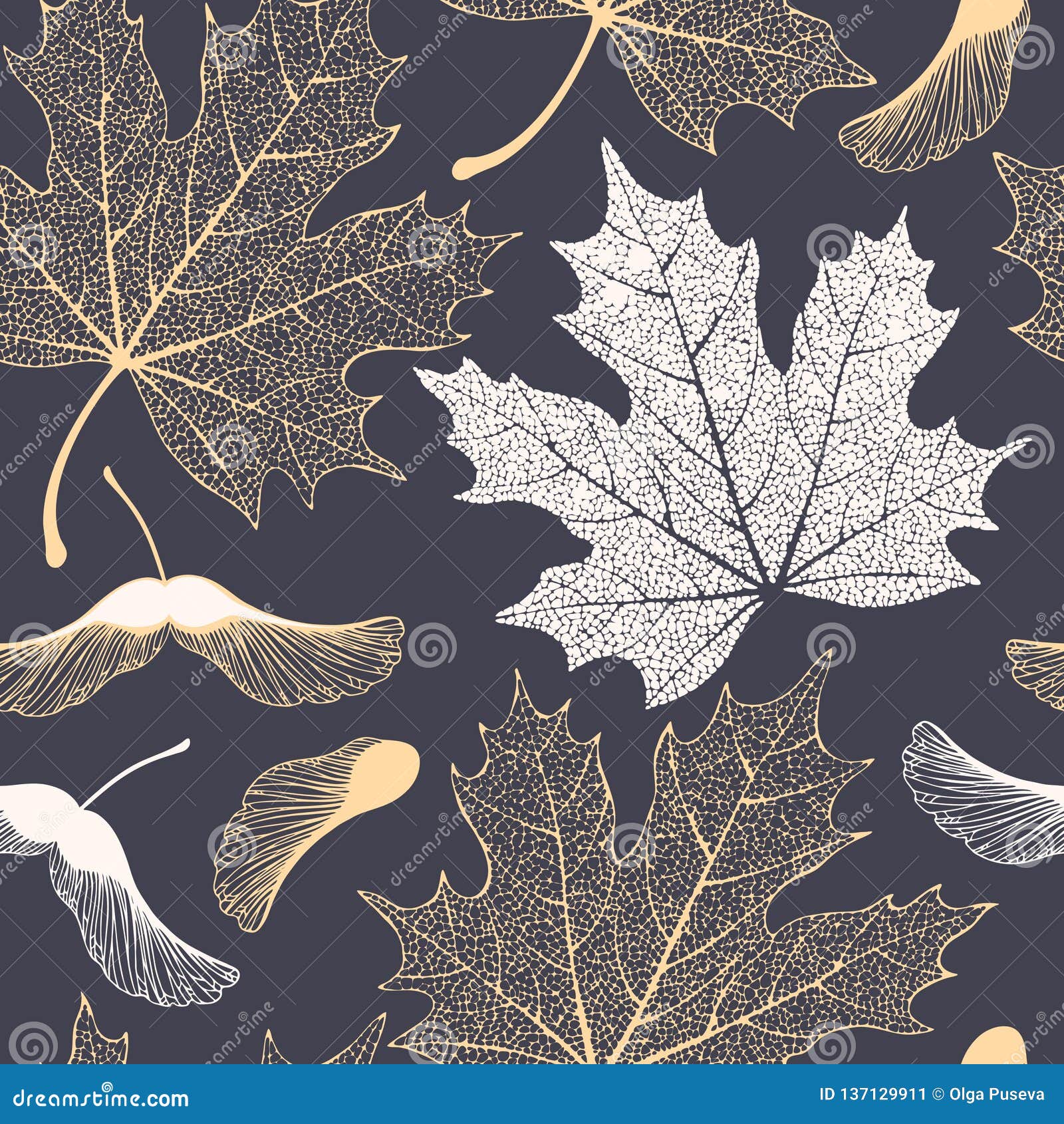 Skeleton Maple Leaves and Seeds Seamless Pattern Stock Vector ...