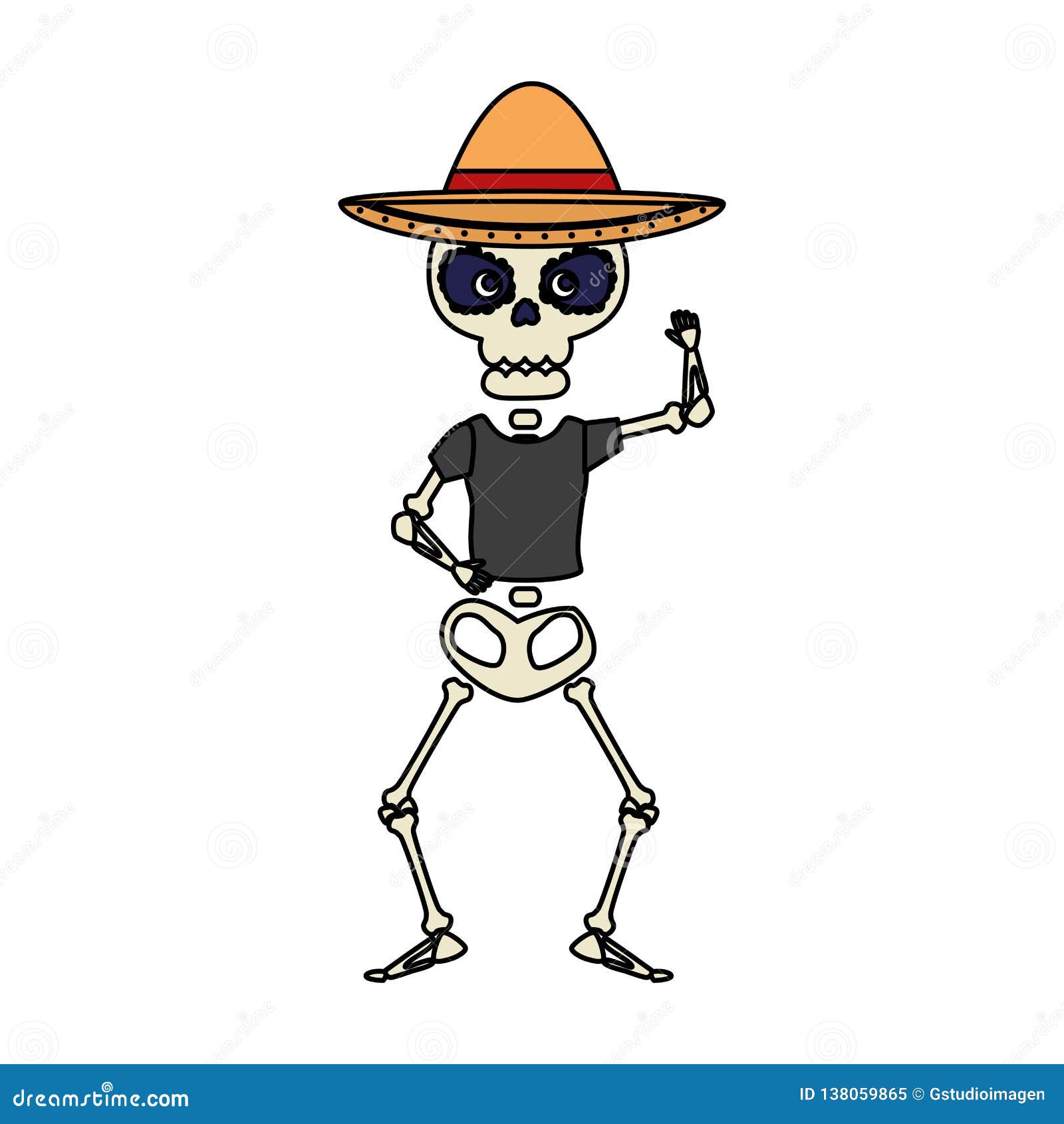 Skeleton In Mexican Traditional Costume And Hat Dancing With Trumpet ...