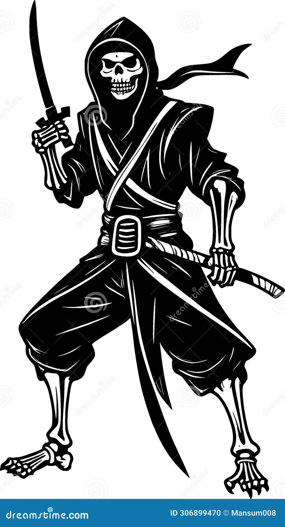 A Skeleton Ninja with a Sword and a Skull Mask Stock Illustration ...
