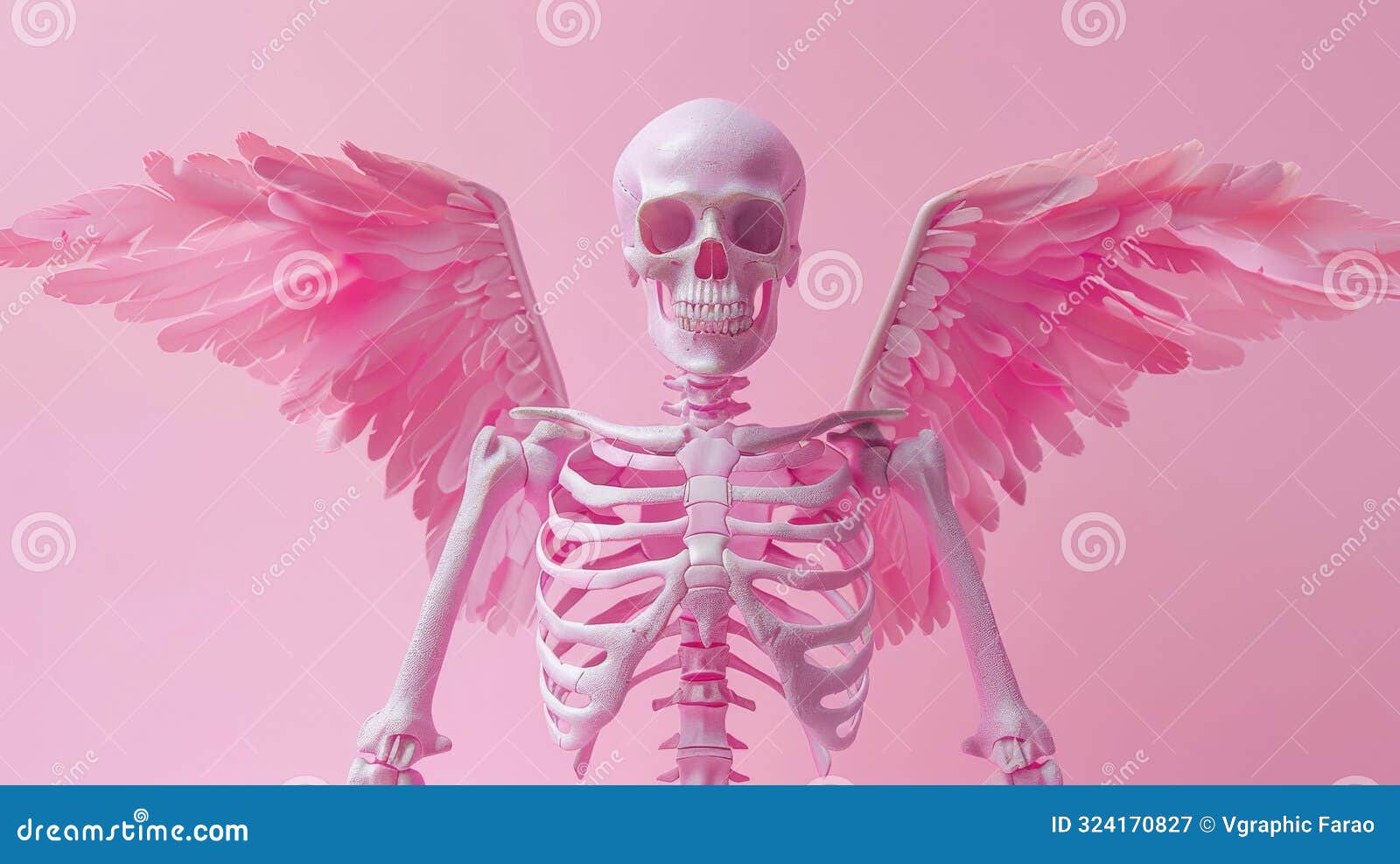 Skeleton with Pink Angel Wings on a Pink Background, Surreal Concept ...