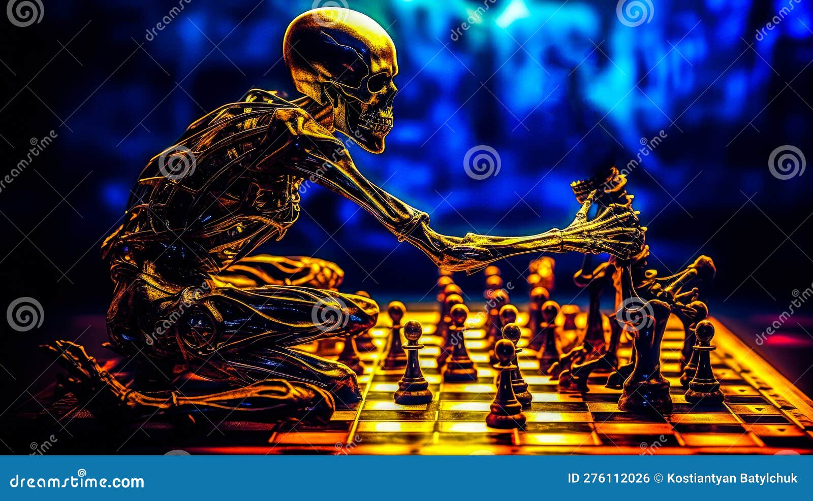 Skeleton Playing Chess on Chessboard with Chess Pieces in Front of it ...