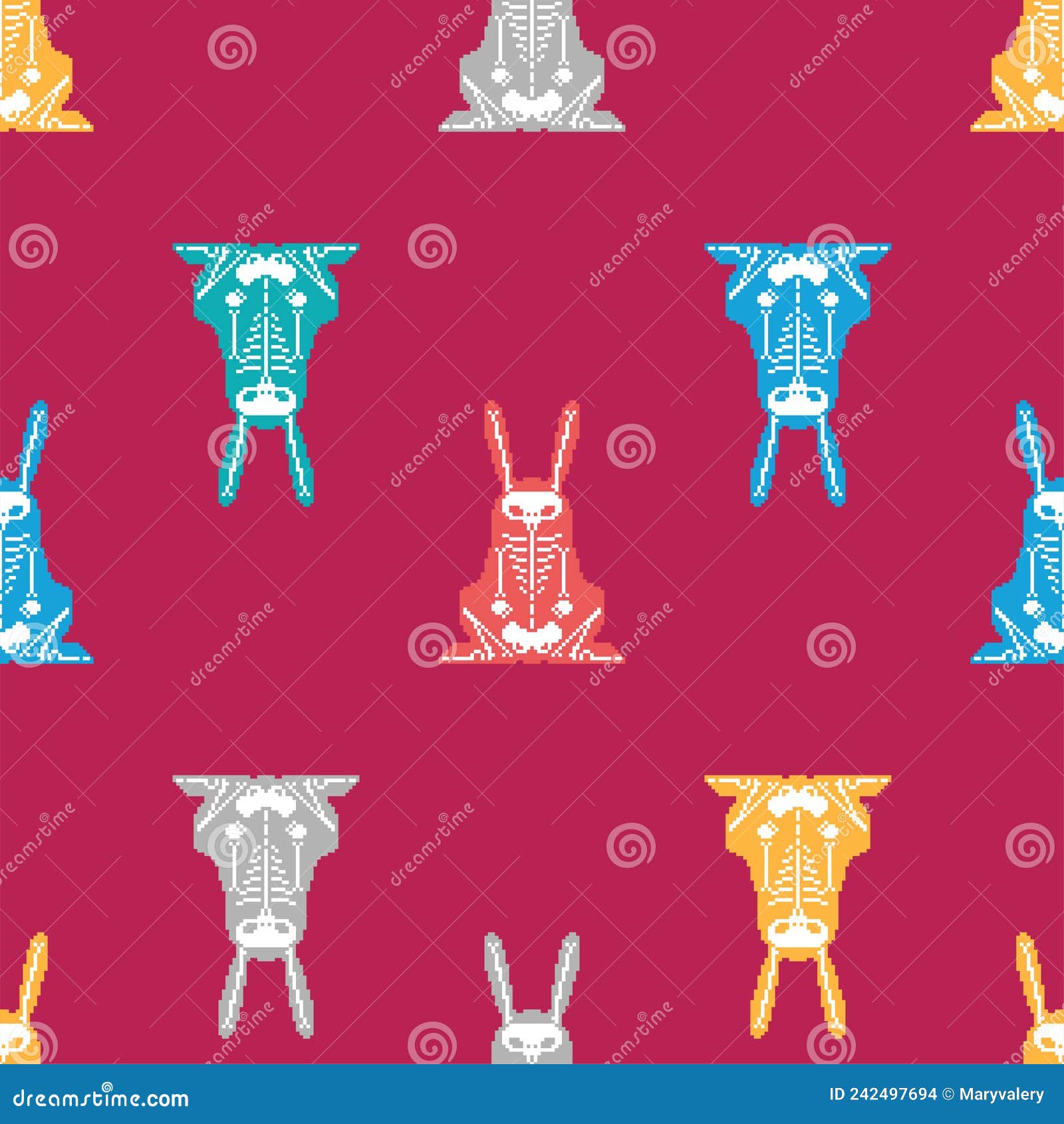 Skeleton Rabbit Pixel Art Pattern Seamless. 8 Bit Skull Hare Background ...