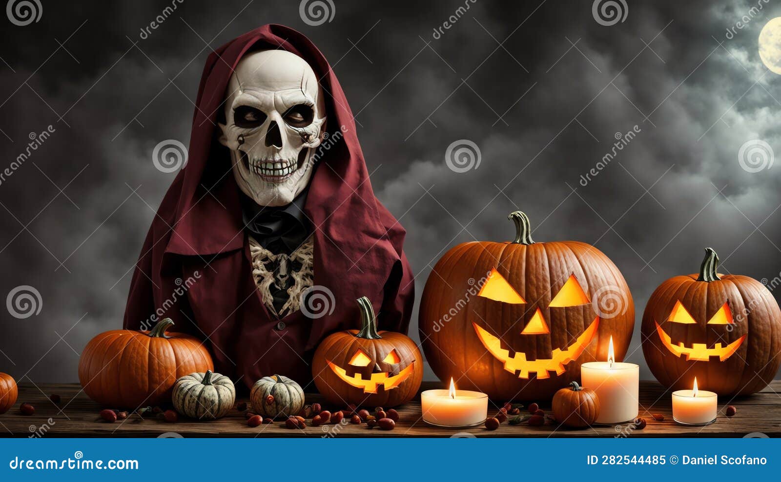 A Skeleton in a Red Cloak Surrounded by Pumpkins. Generative AI Stock ...