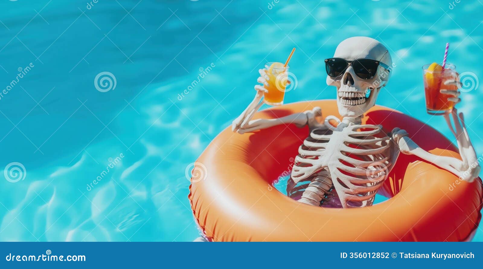 Skeleton Relaxing in Pool with Drinks, Sunglasses, and Float Stock ...