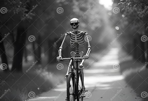 Skeleton Riding Bicycle on Tree Lined Path Creates Whimsical Stock ...