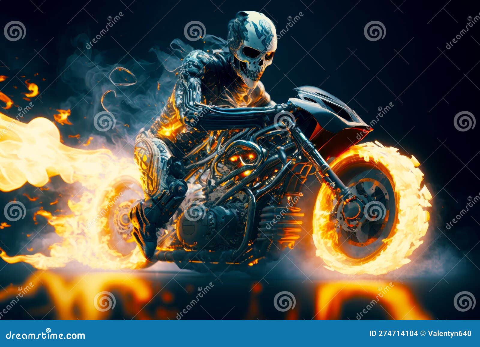 Skeleton Riding Motorcycle with Flames Coming Out of the Back of it ...