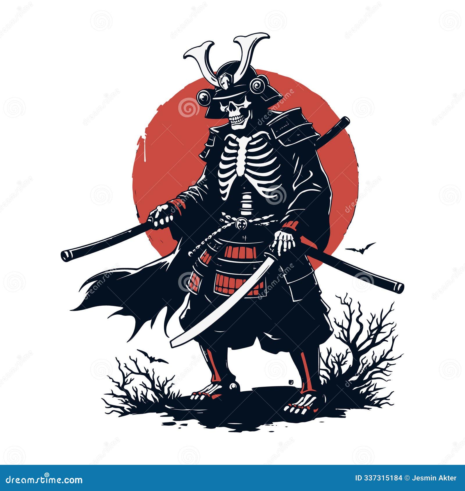 A Skeleton Samurai Warrior Standing Against a Red Moon Backdrop Stock ...