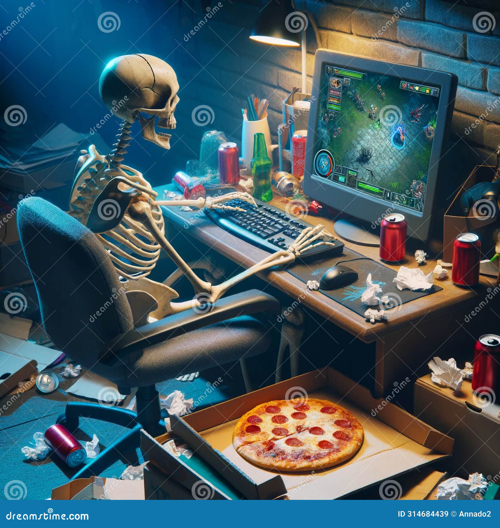 Skeleton Sits at the Table and Plays a Computer Game among the Chaos in ...