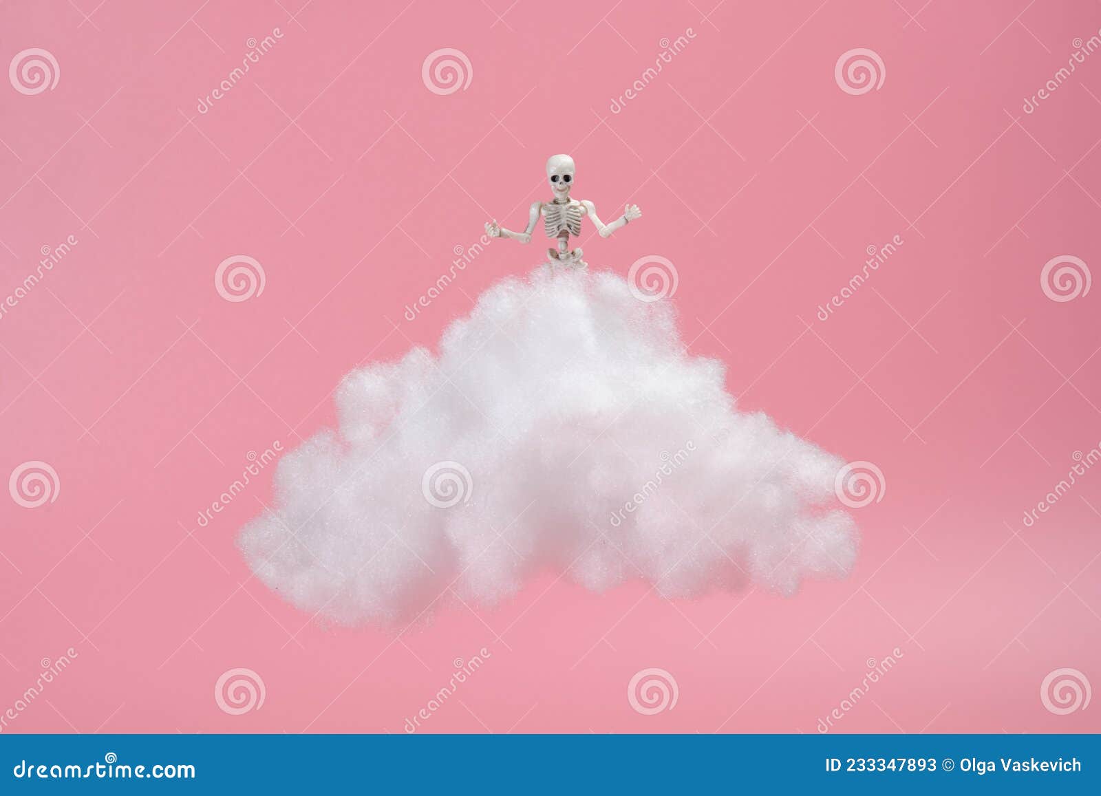 Skeleton Sits on a White Cloud on a Pink Background Stock Image - Image ...
