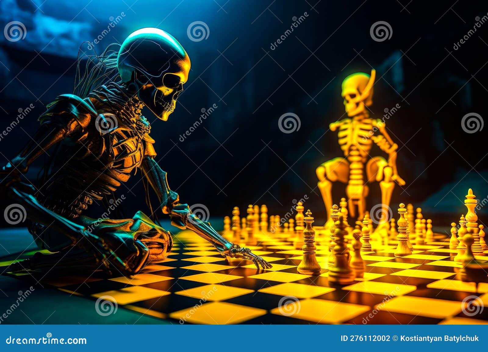 Skeleton Sitting on Chess Board with Skeleton Standing Next To it ...