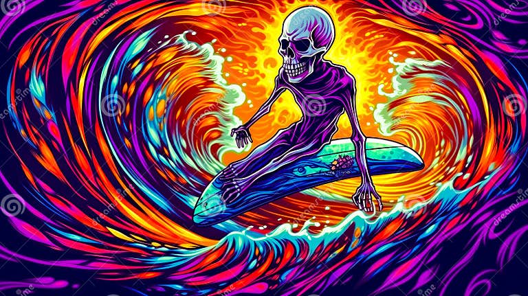 Skeleton Sitting on Surfboard in the Middle of Colorful Wave Stock ...