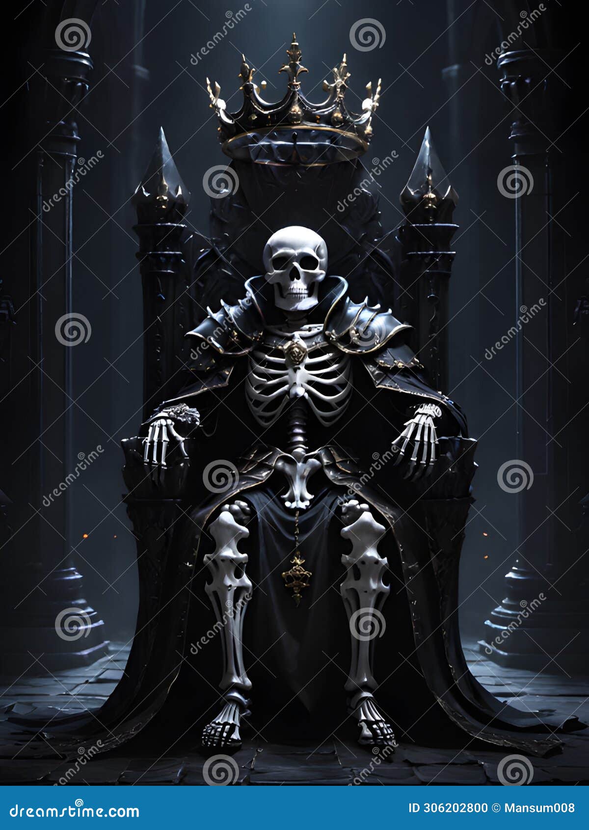 A Skeleton Sitting on a Throne with a Crown on it Stock Illustration ...