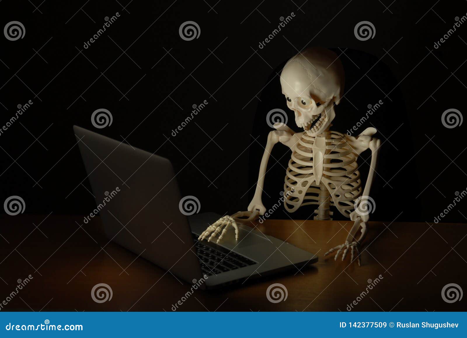 Skeleton with Skull Working on Laptop at Night with Amazement on His ...