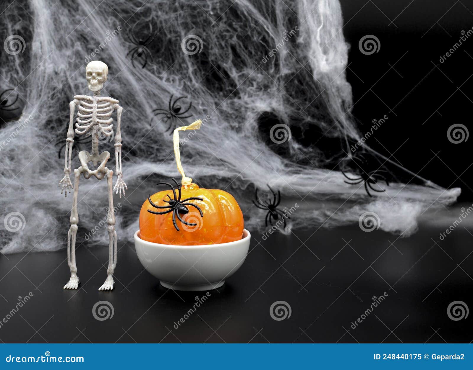 Skeleton, Spider Web, Pumpkin On Black Background With Copy Space ...