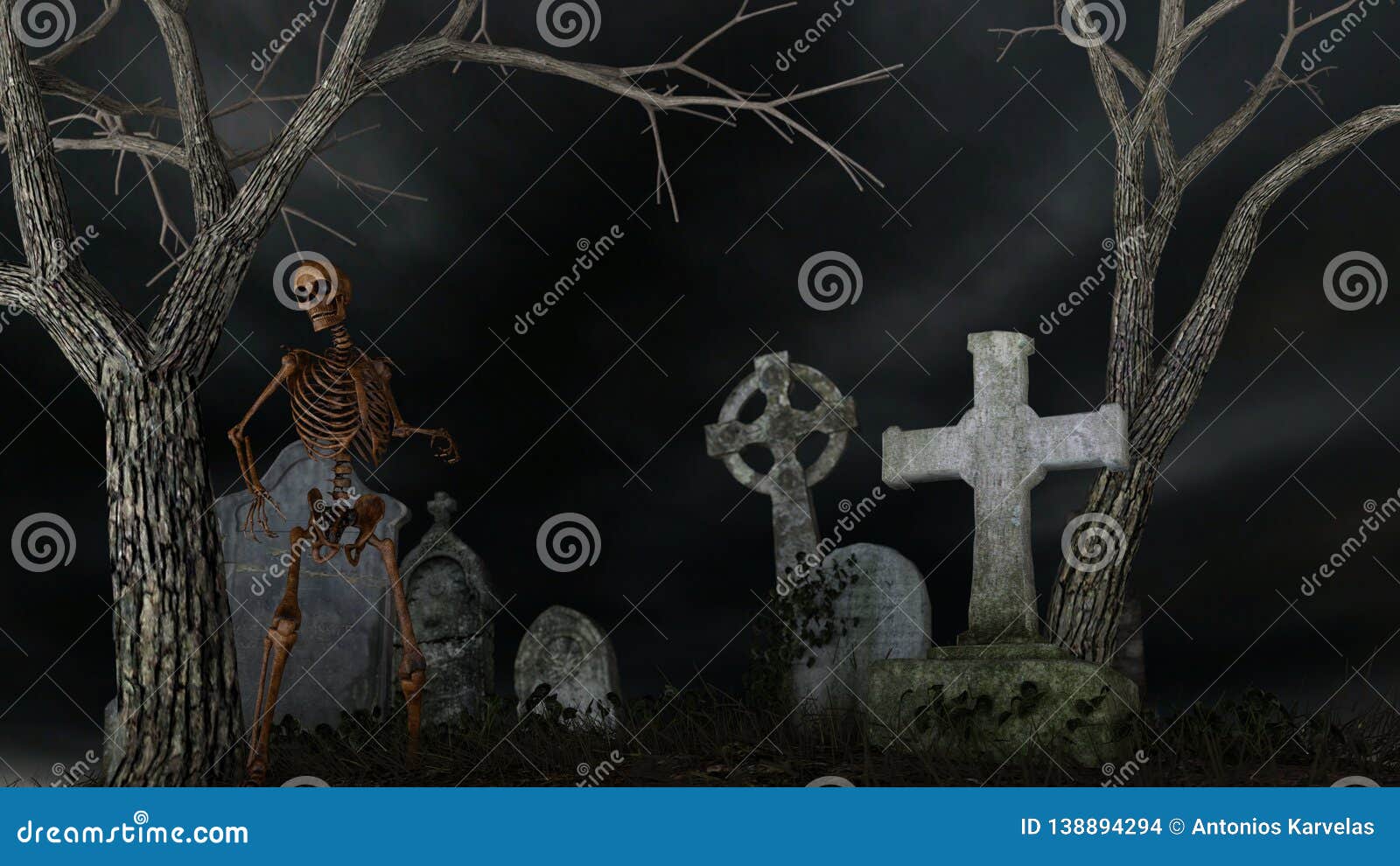 Skeleton in a Spooky Cemetery Stock Illustration - Illustration of ...