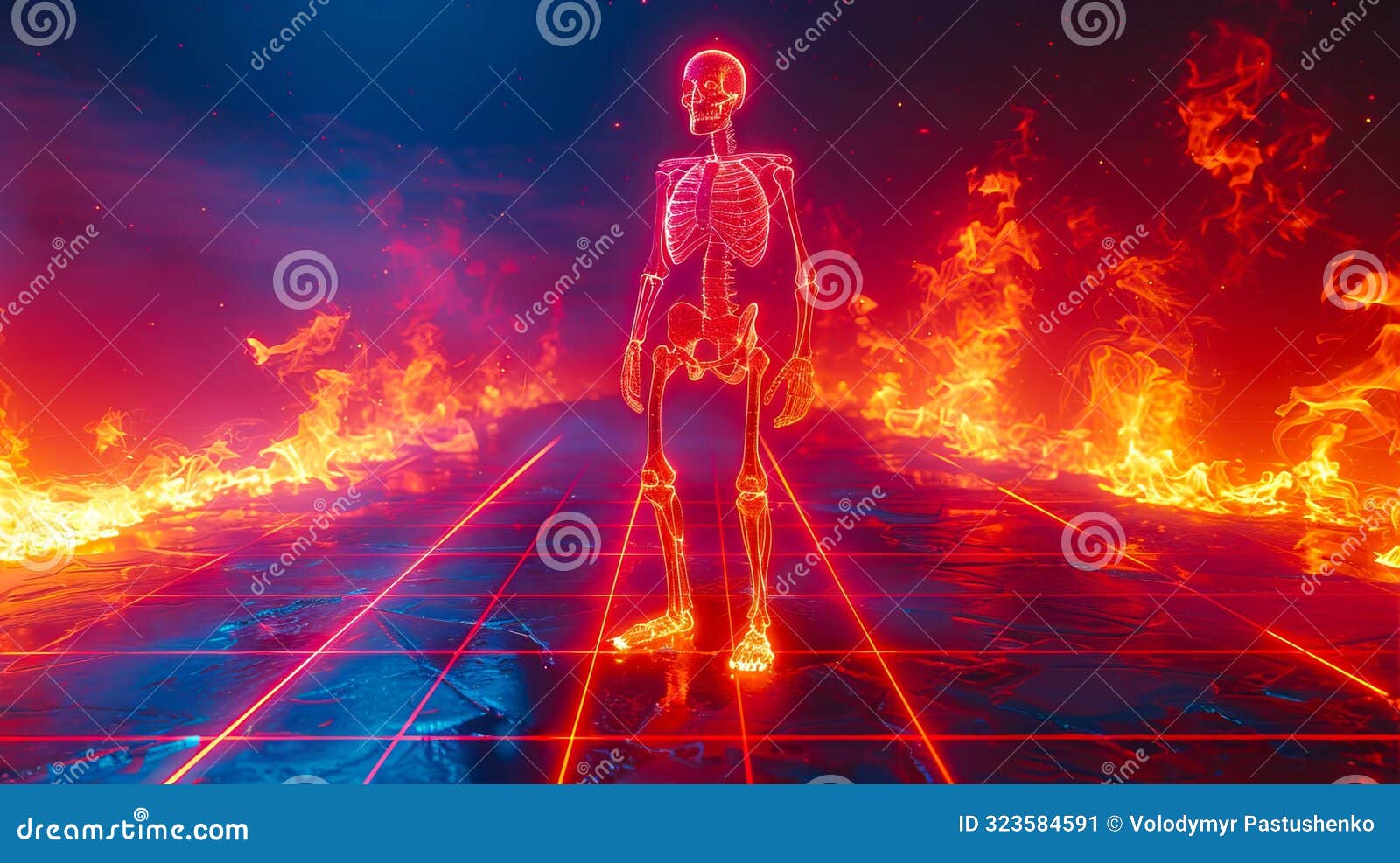 A Skeleton Standing in Front of a Glowing Fire Stock Image - Image of ...