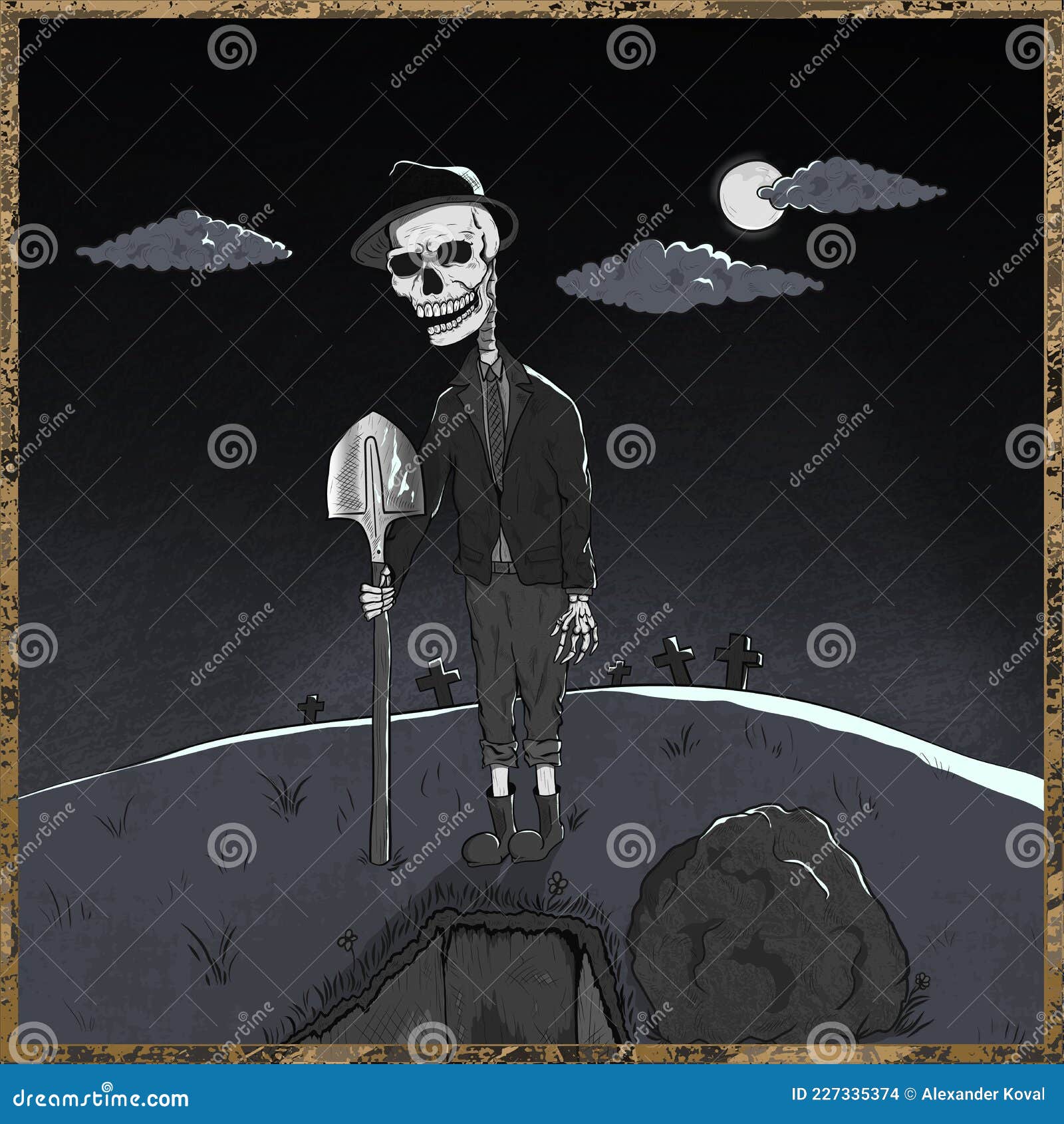 A Skeleton is Standing by the Grave Stock Vector - Illustration of ...