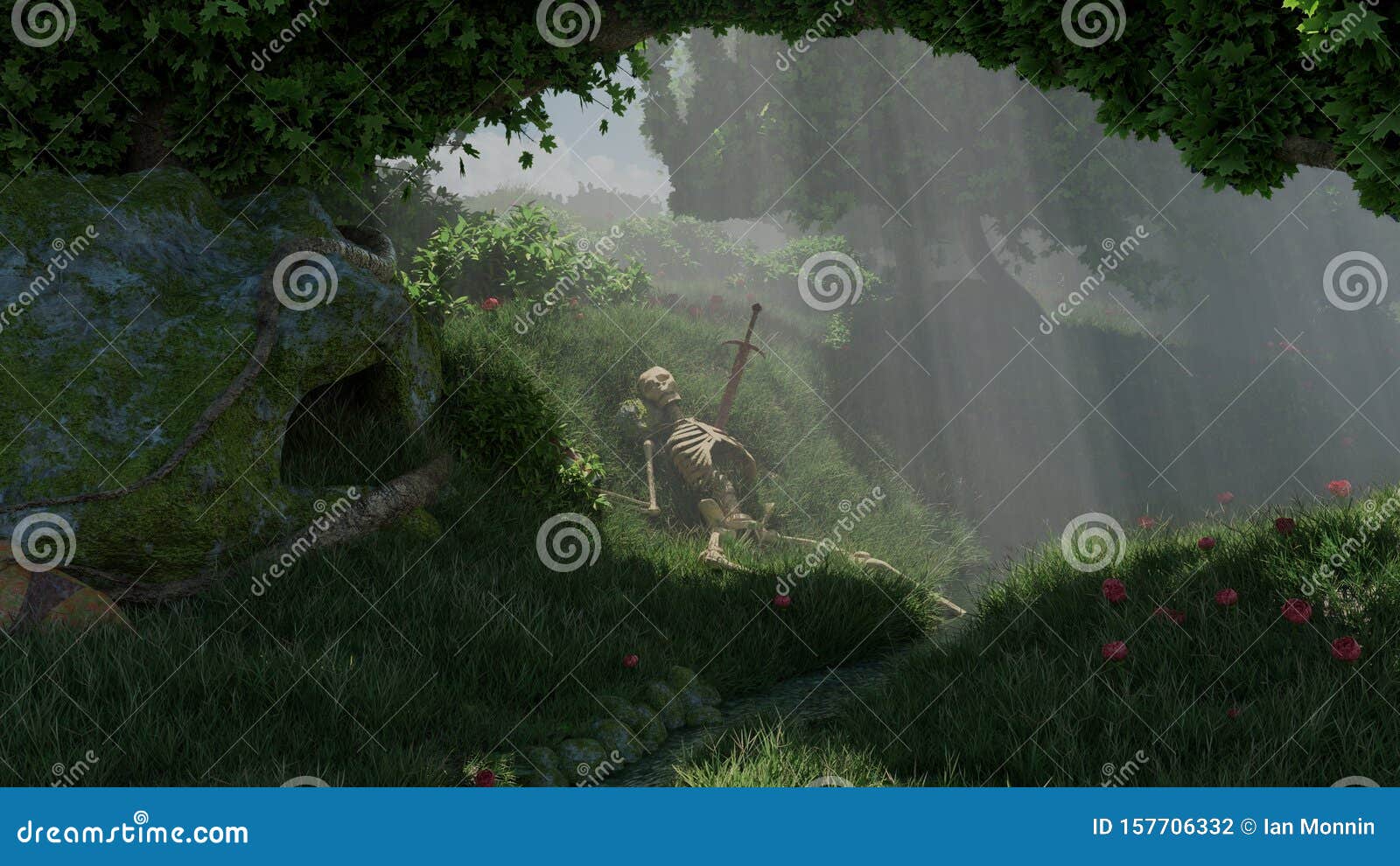 Skeleton by a Stream in the Woods Stock Illustration - Illustration of ...