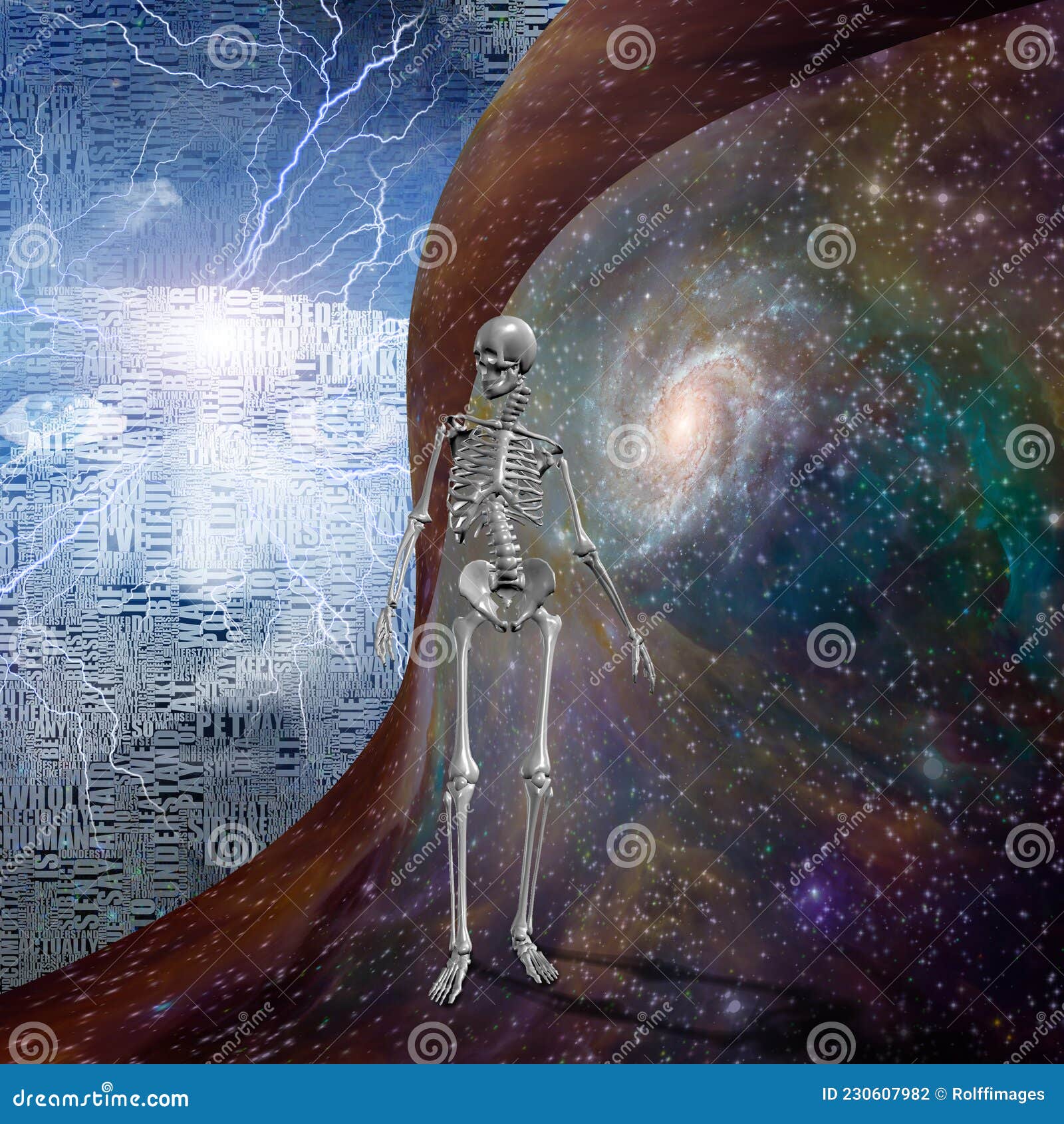 Skeleton in surreal space stock illustration. Illustration of guide ...