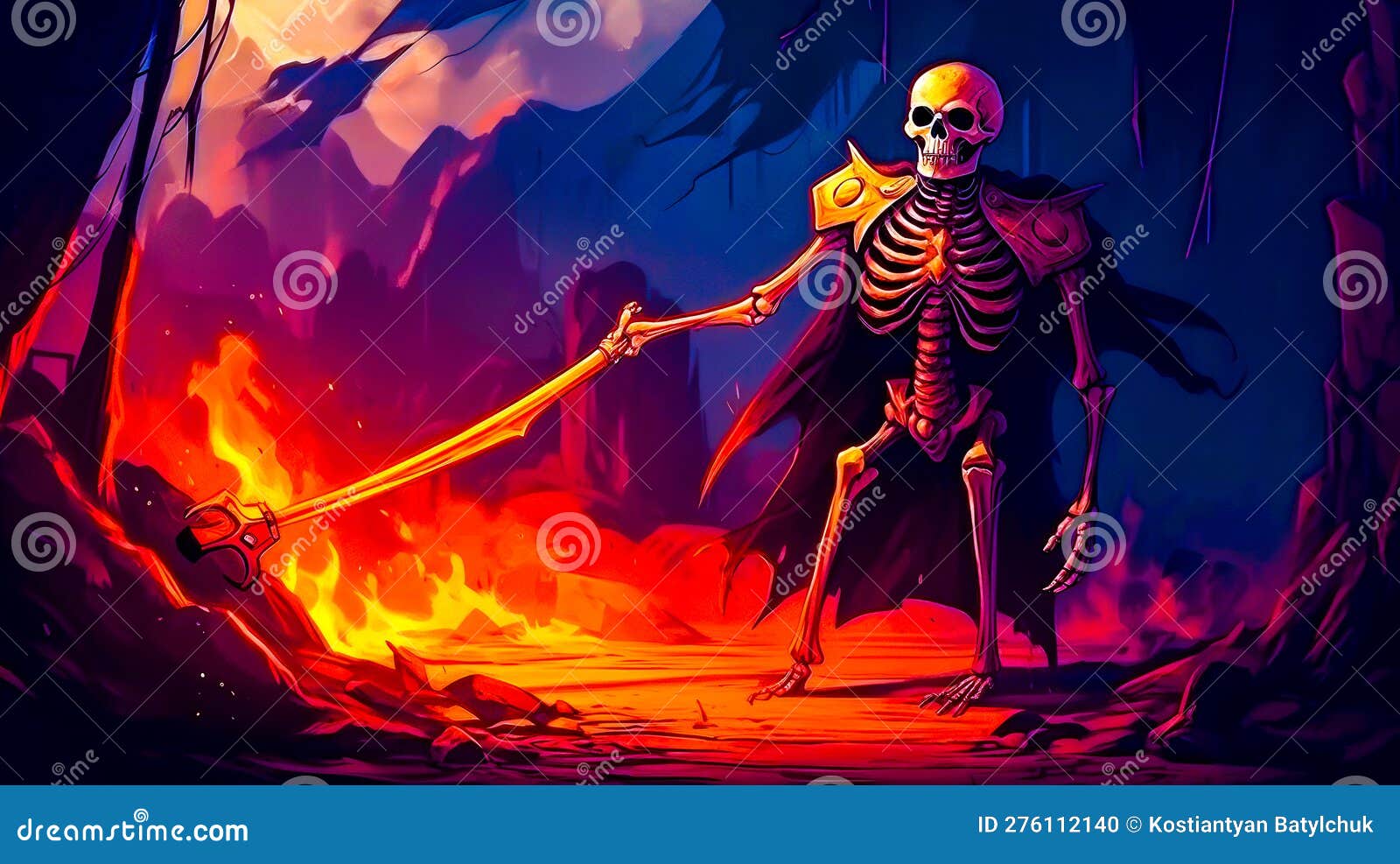 Skeleton with Sword Standing in Front of Fire and Mountain. Generative ...