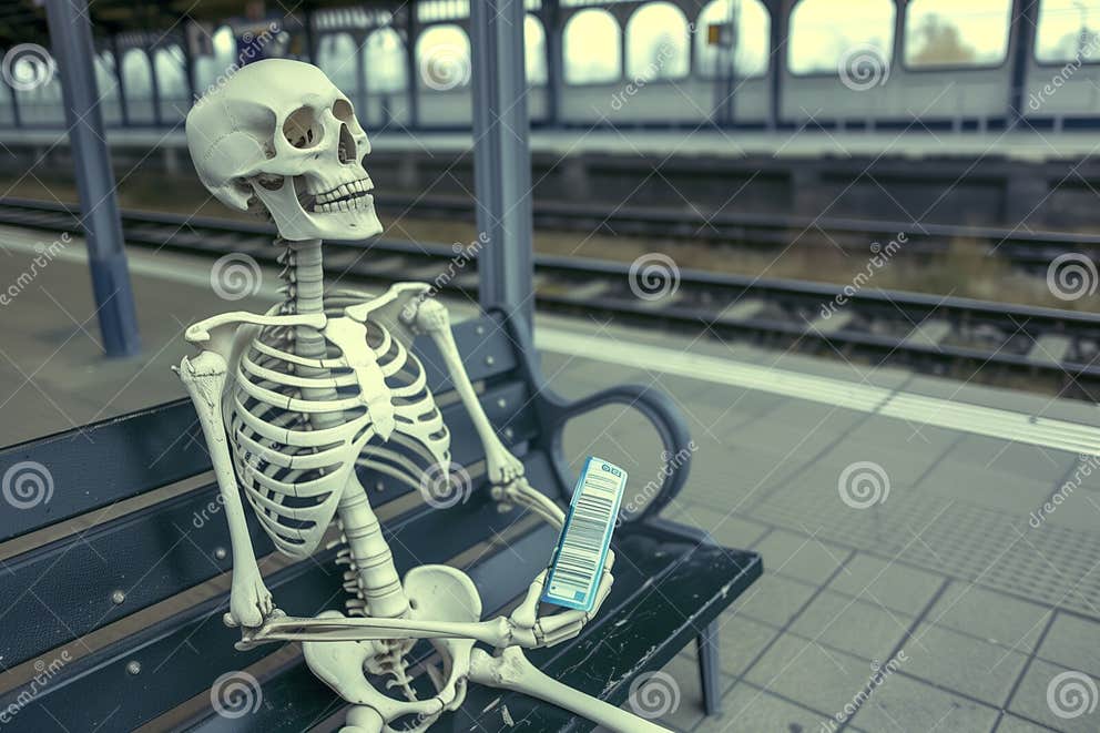 Skeleton at a Train Station on a Bench, Holding a Ticket Stock Image ...