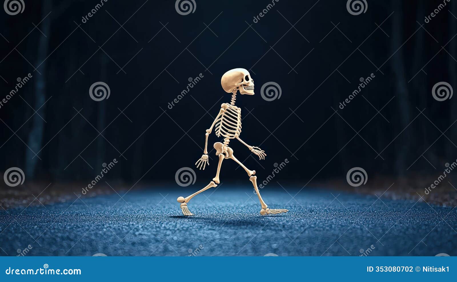 Skeleton Walking on an Empty Road in a Dark Forest Stock Illustration ...