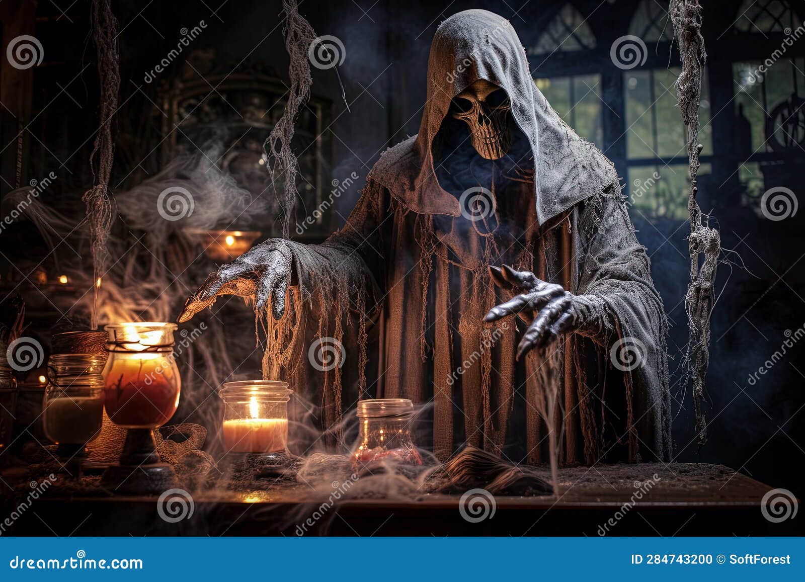 Skeleton of Wizard Inside a Library Creating a Magic Potion Inside a ...