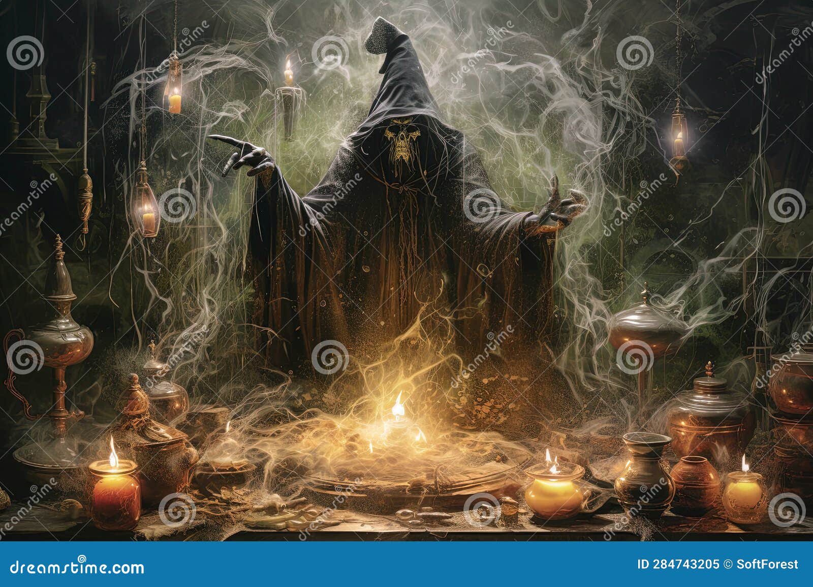 Skeleton of Wizard Inside a Library Creating a Magic Potion Inside a ...