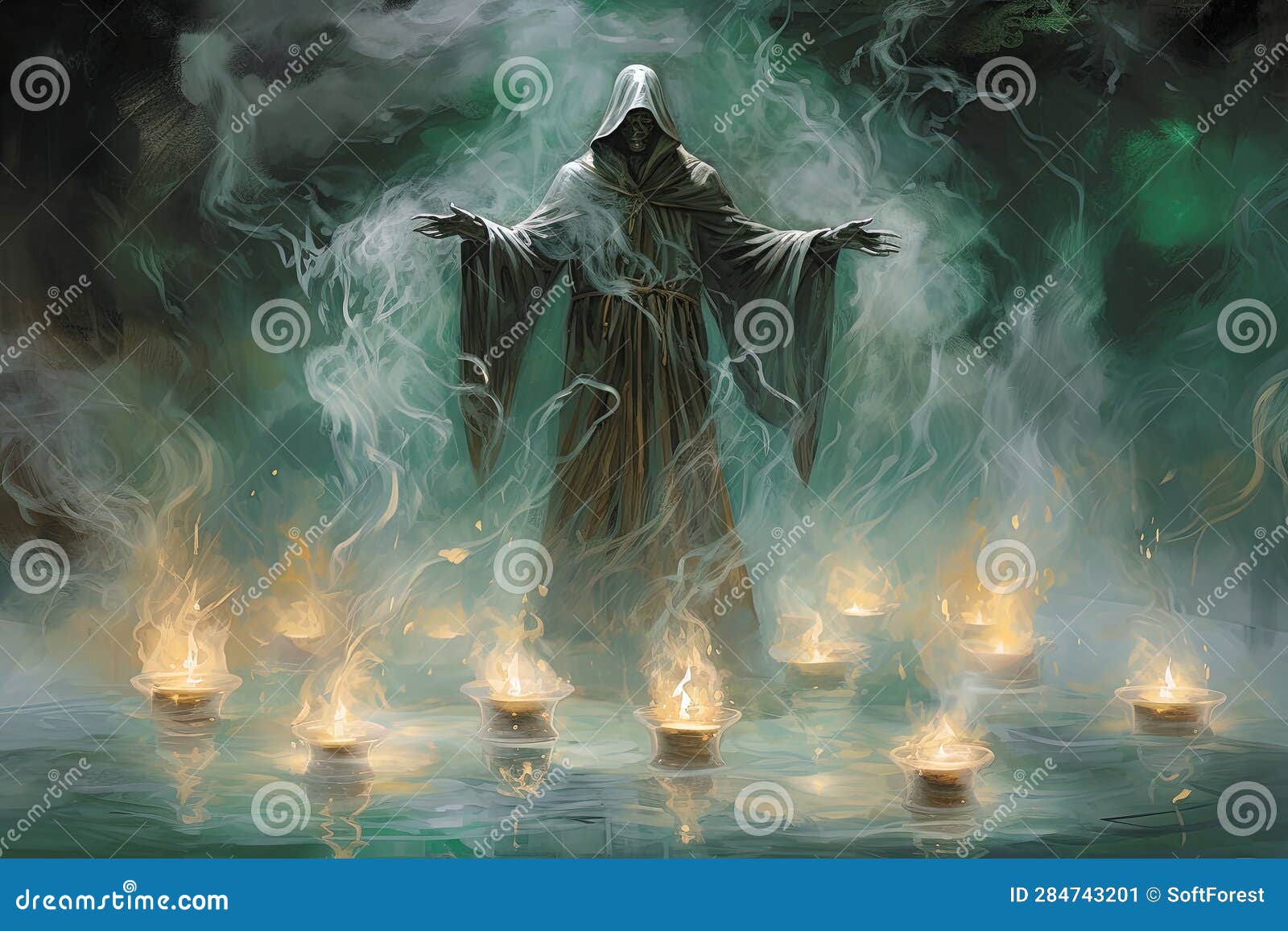 Skeleton of Wizard Inside a Library Creating a Magic Potion Inside a ...