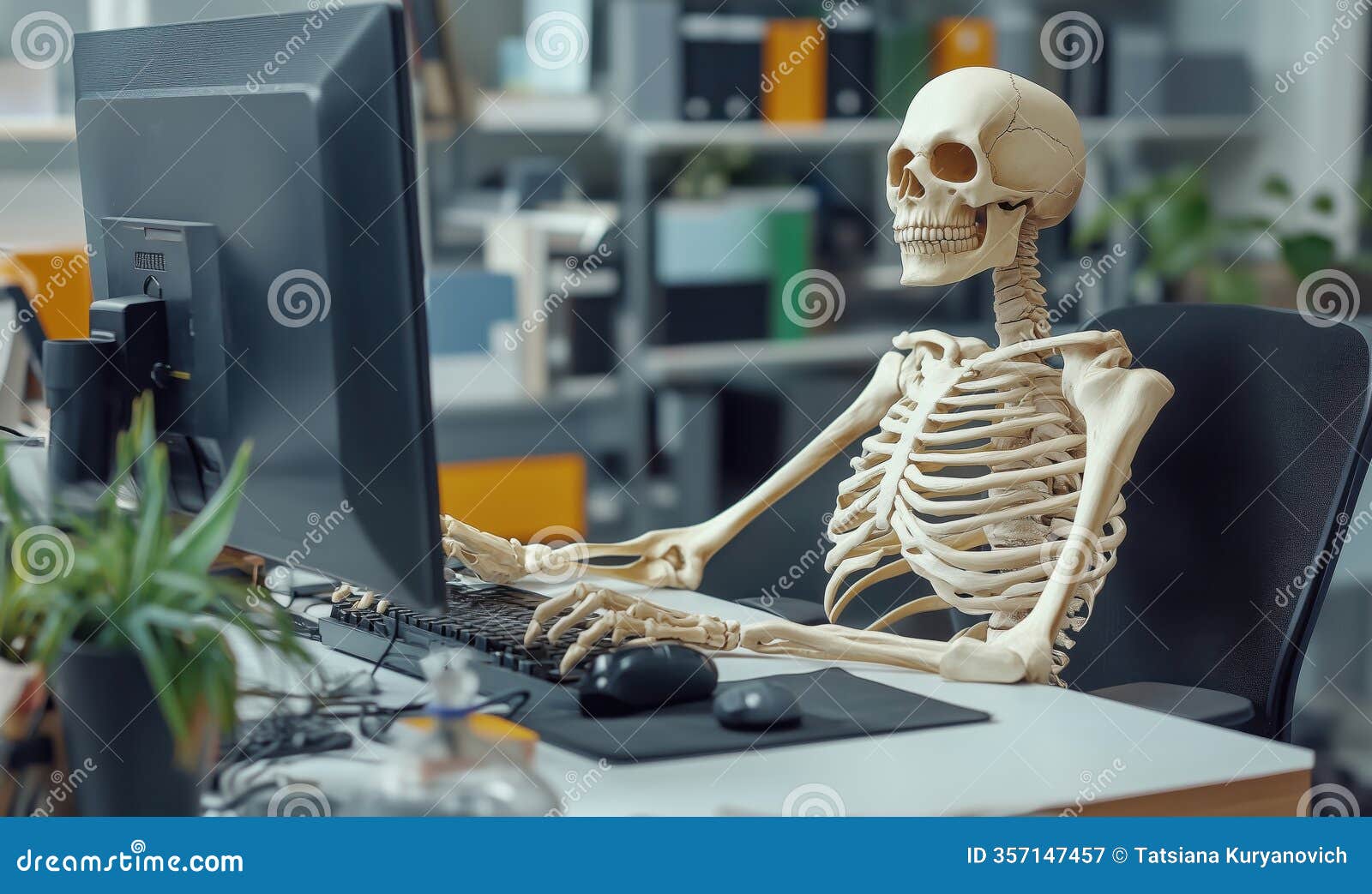 Skeleton Working at Computer in Office Environment, Humorous Scene ...