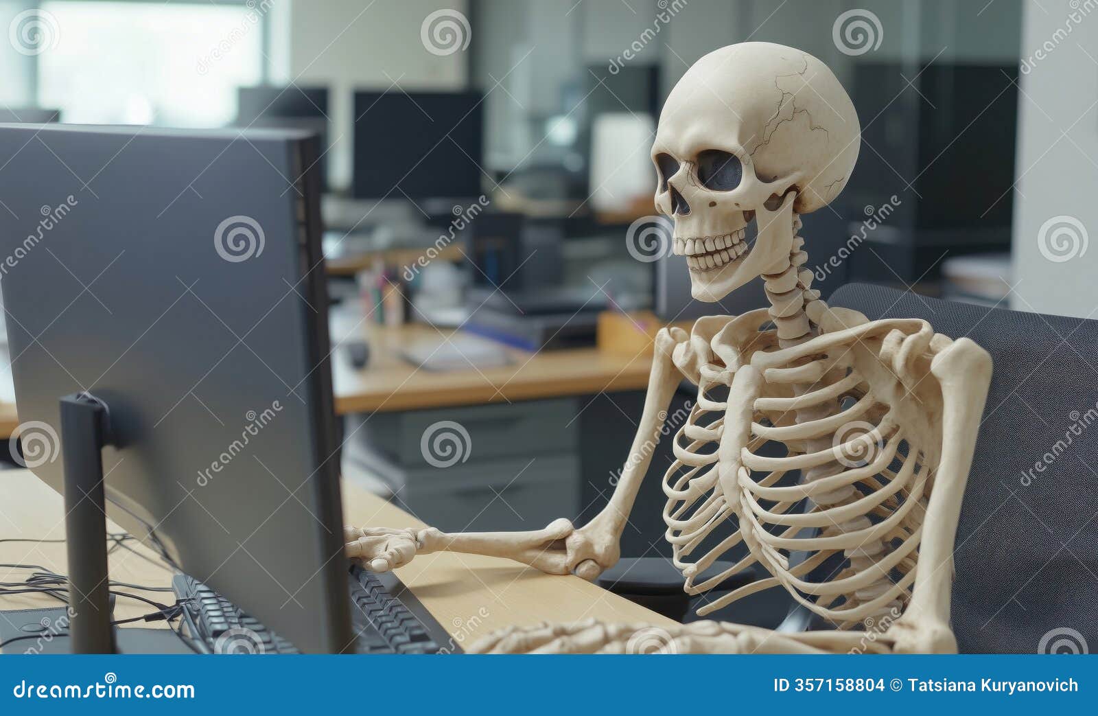Skeleton Working at Computer in Office, Humorous Depiction of ...