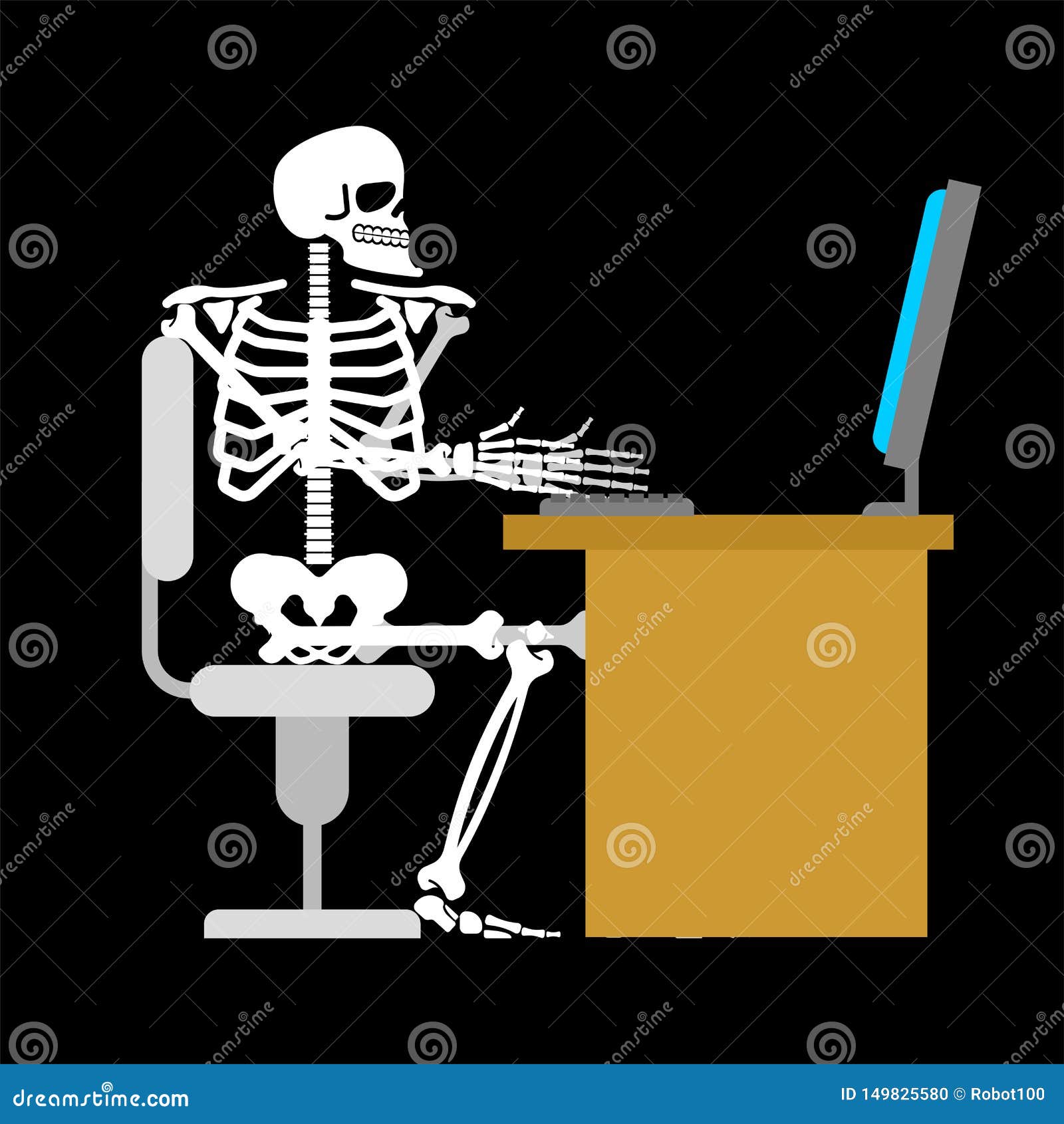 Skeleton Works on Computer. Dead Man and PC Stock Vector - Illustration ...