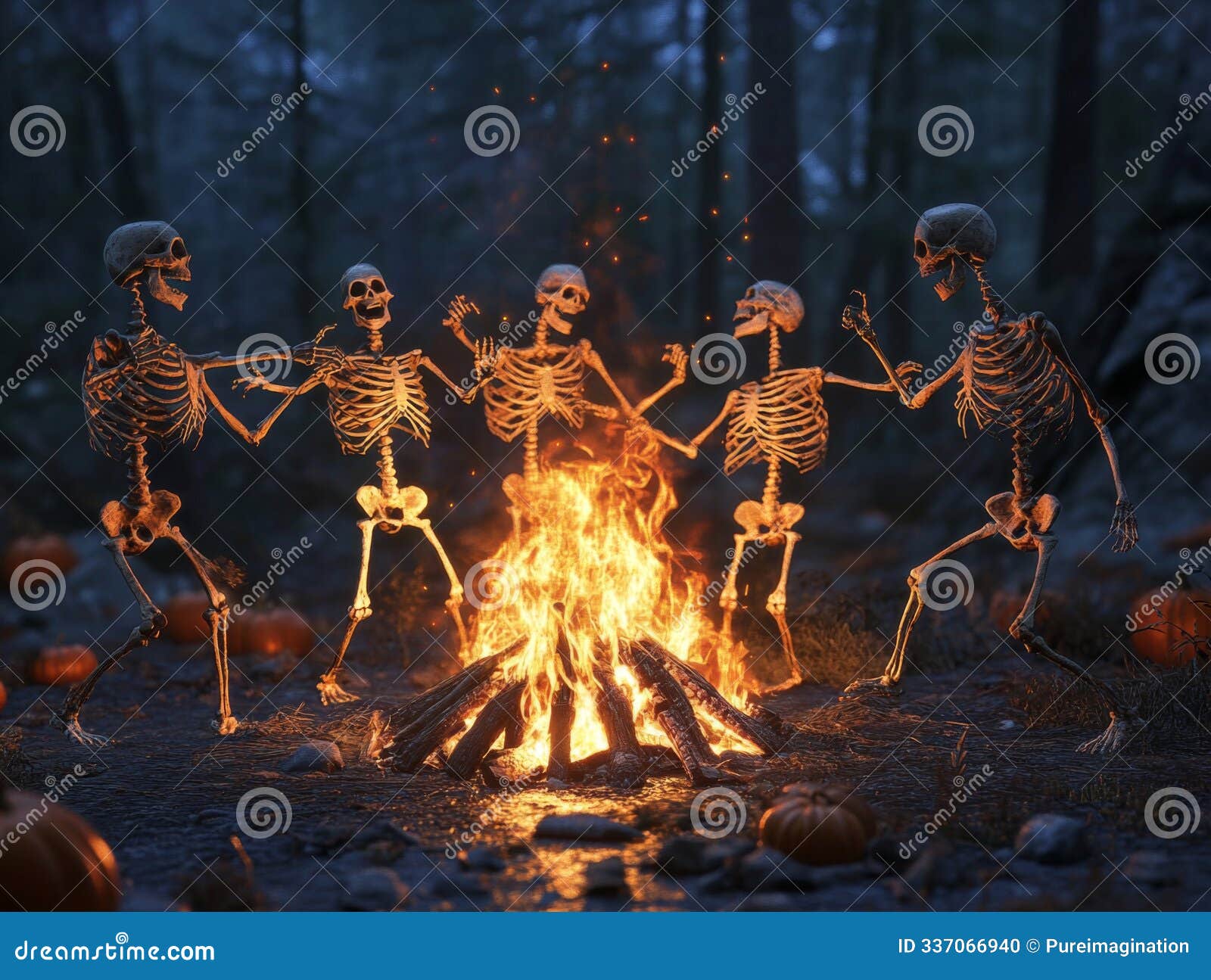 Skeletons Dancing Around a Bonfire in a Forest Stock Illustration ...