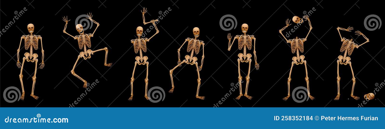 Skeletons Halloween Different Poses Black Background Stock Vector ...