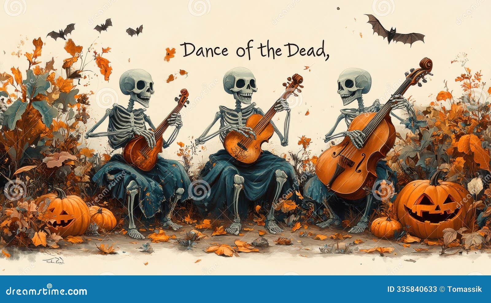 Skeletons Playing String Instruments in Halloween-themed Autumn Setting ...