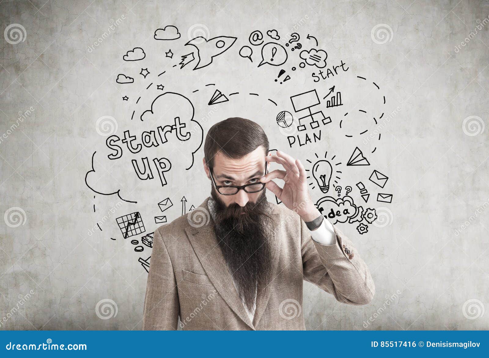 Skeptical Man and Start Up Icons on Concrete Stock Photo - Image of ...