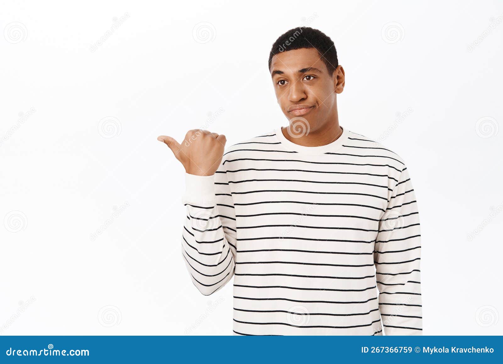 Skeptical Middle Aged Black Man Pointing Finger Left, Looking Unamused, Standing Over White ...
