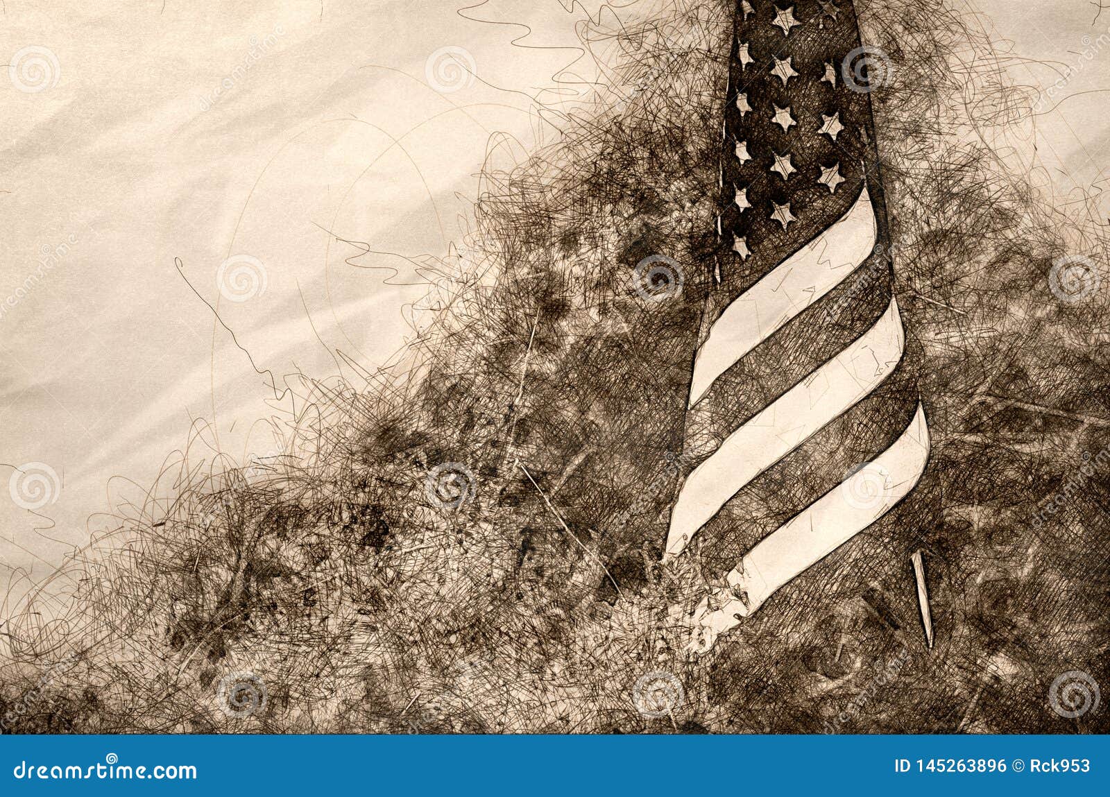 Sketch of an American Flag Standing in the Grass Stock Illustration ...