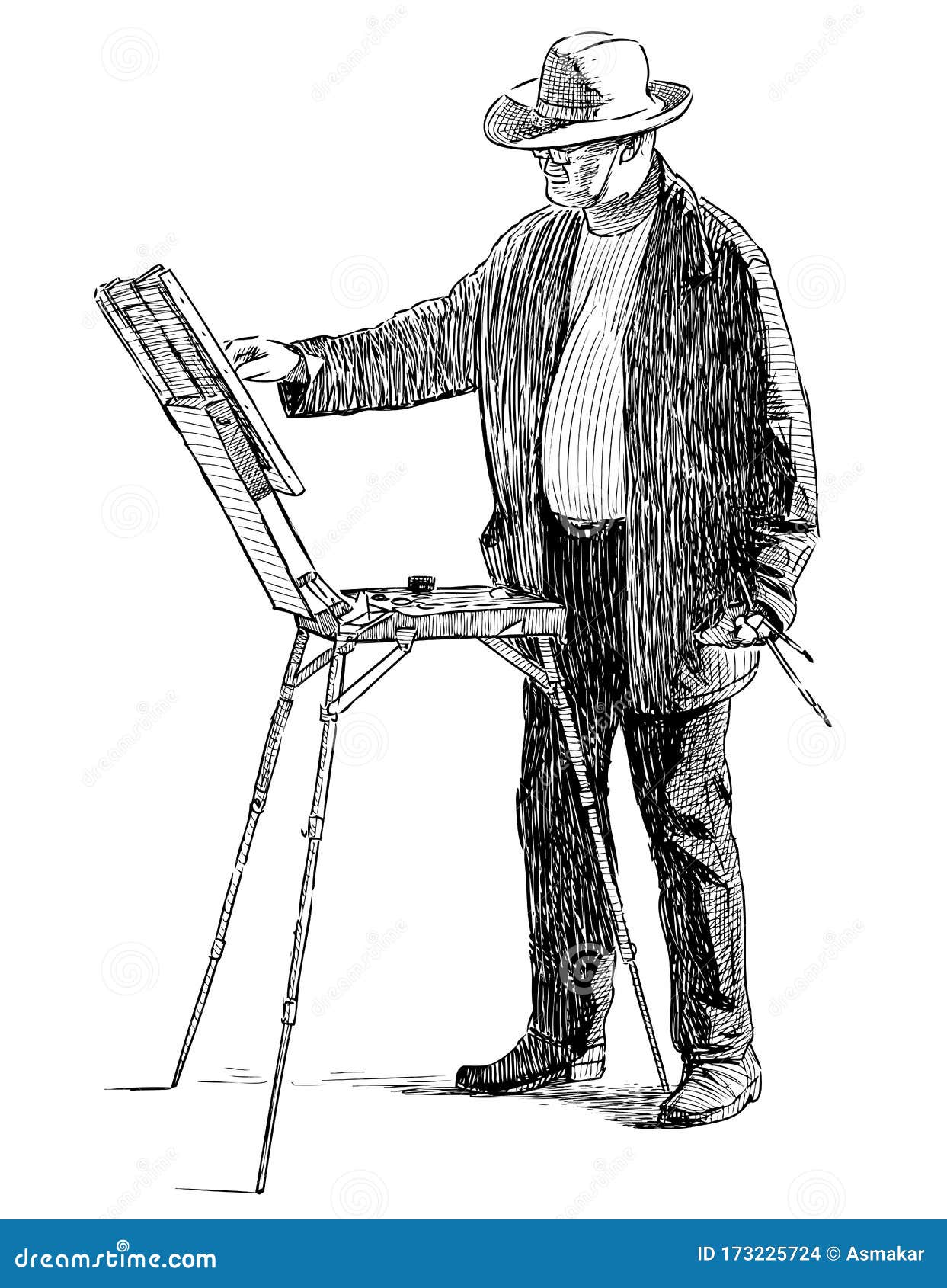 Sketch of Artist in a Hat Paints in Open Air Stock Vector ...