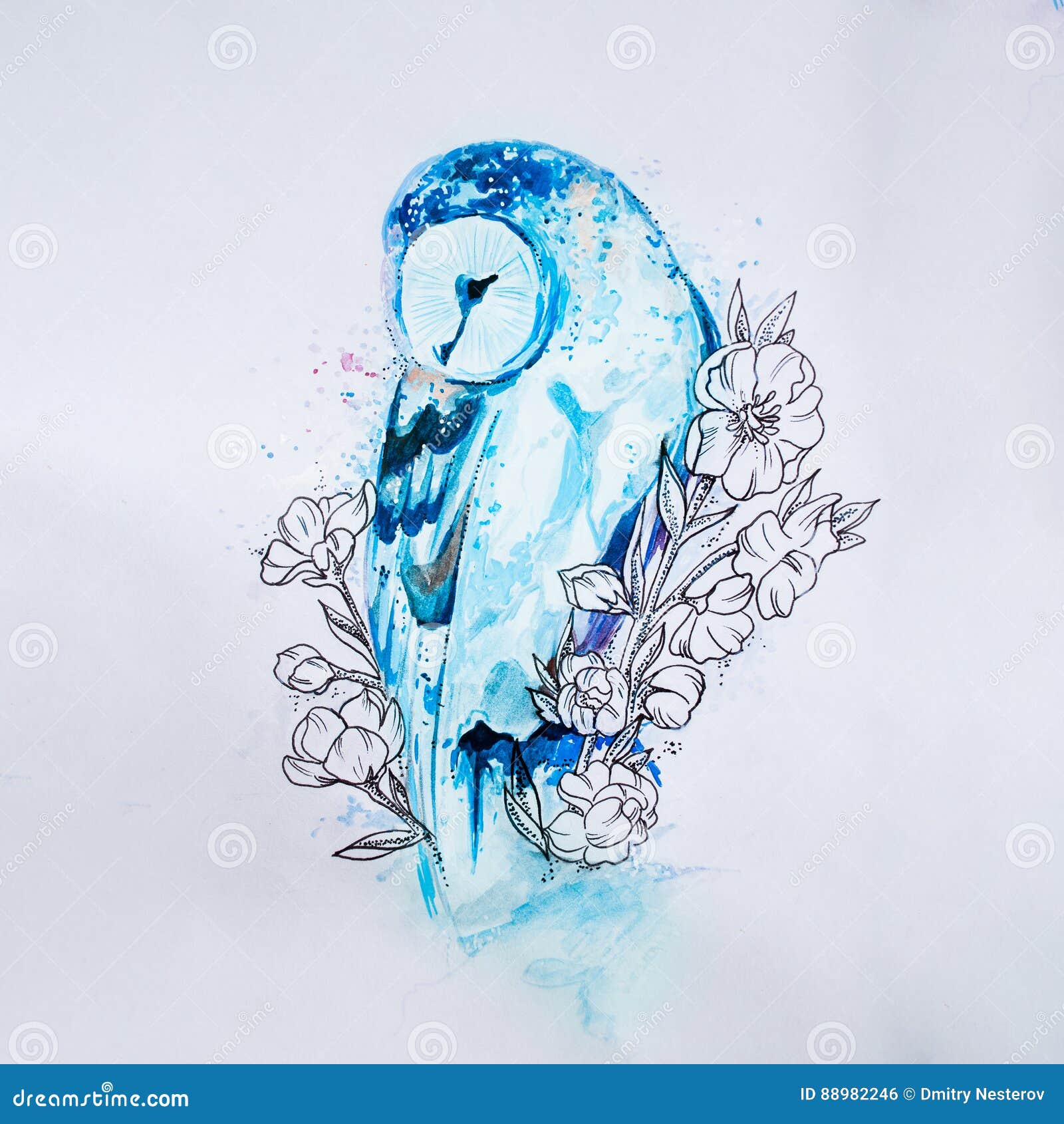 Sketch Blue Owl in Colors on White Background. Stock Photo - Image of ...